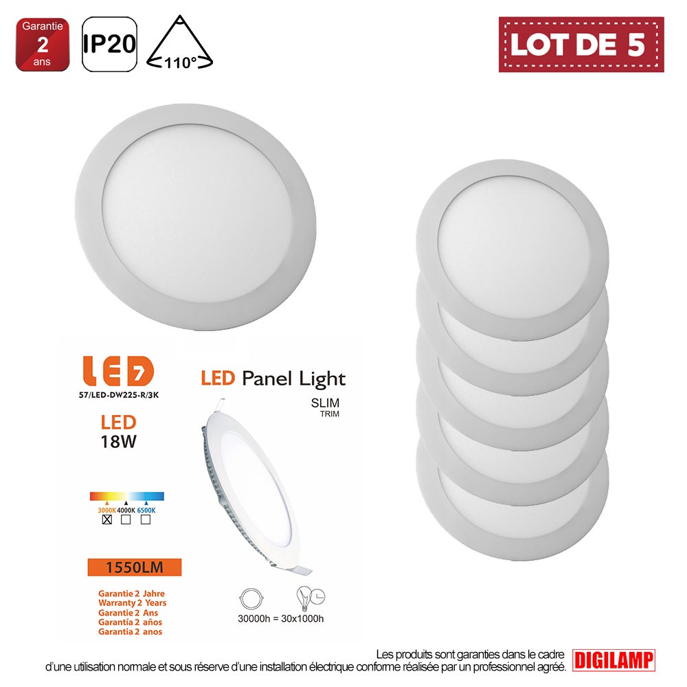 Lot de 5 Spot Encastrable Led Downlight Panel Extra plat 18w Blanc Chaud 3200k - Digilamp ...