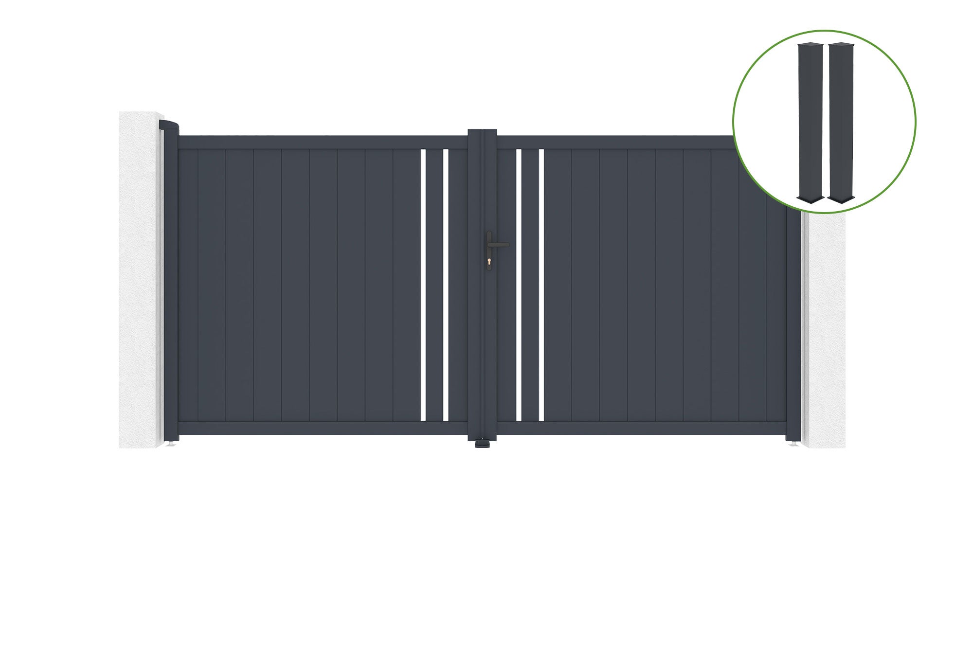 Portail battant 3,5m GIONA H.180 alu gris + 2 poteaux 20x20cm H.190cm ...