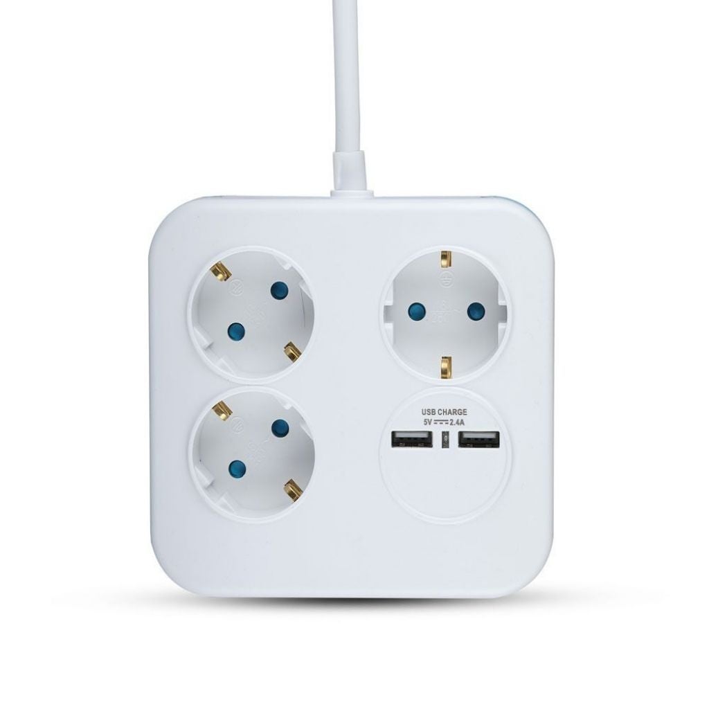 Enchufe cuadrado con cable de 1,4 m 3 tomas Schuko y 2 USB y clavija ...