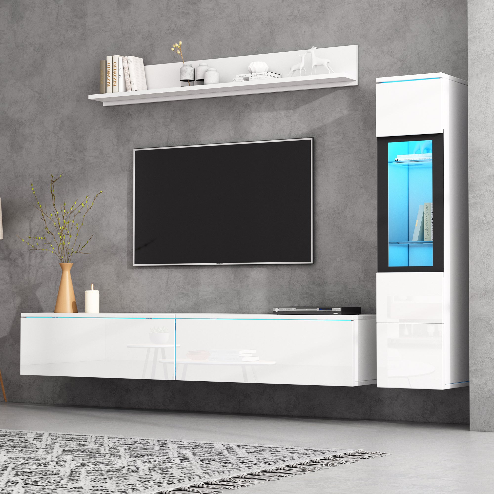Mur TV avec rangements - Meuble TV + Vitrine avec LED + Présentoir ...