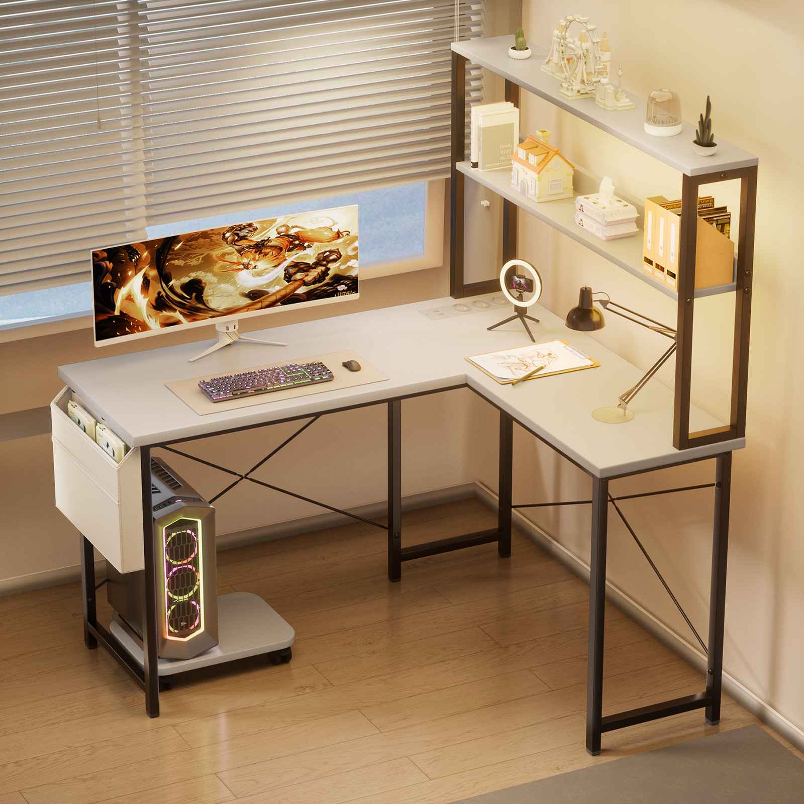 Bureau d’angle L 135 cm avec LED et prises, double surface 53" avec étagères et rangements ...