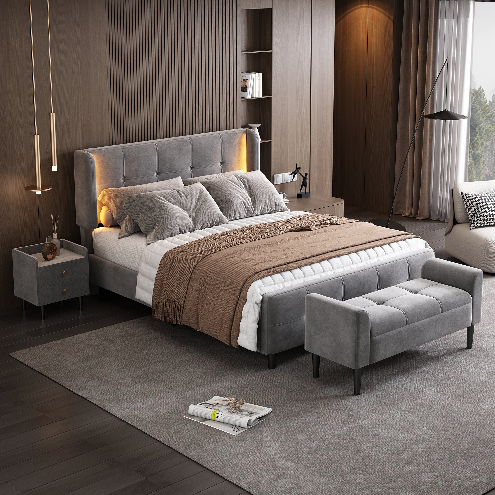 Ensemble de chambre complet, lit rembourré double 140 x 200 cm avec ...