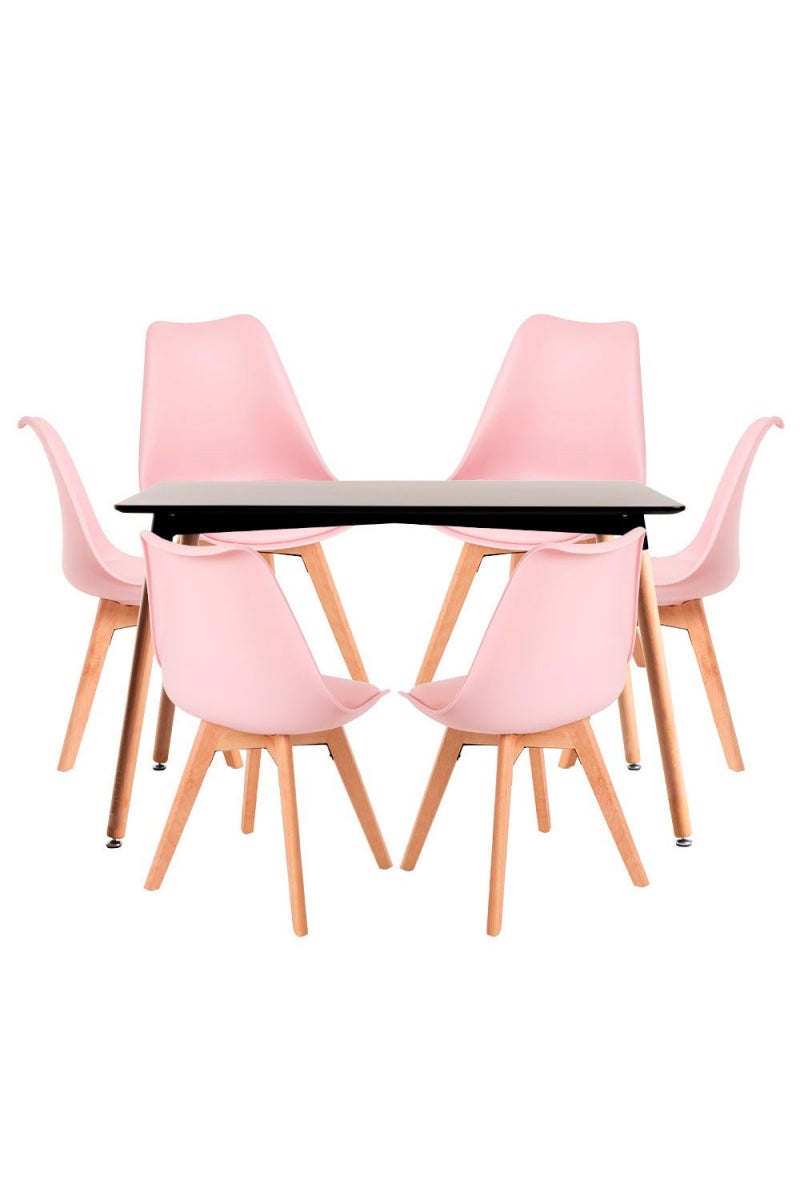 Conjunto Mesa Tower Rectangular 120 x 80 cm Negra y Pack 6 Sillas Synk Basic - Rosa | Leroy Merlin