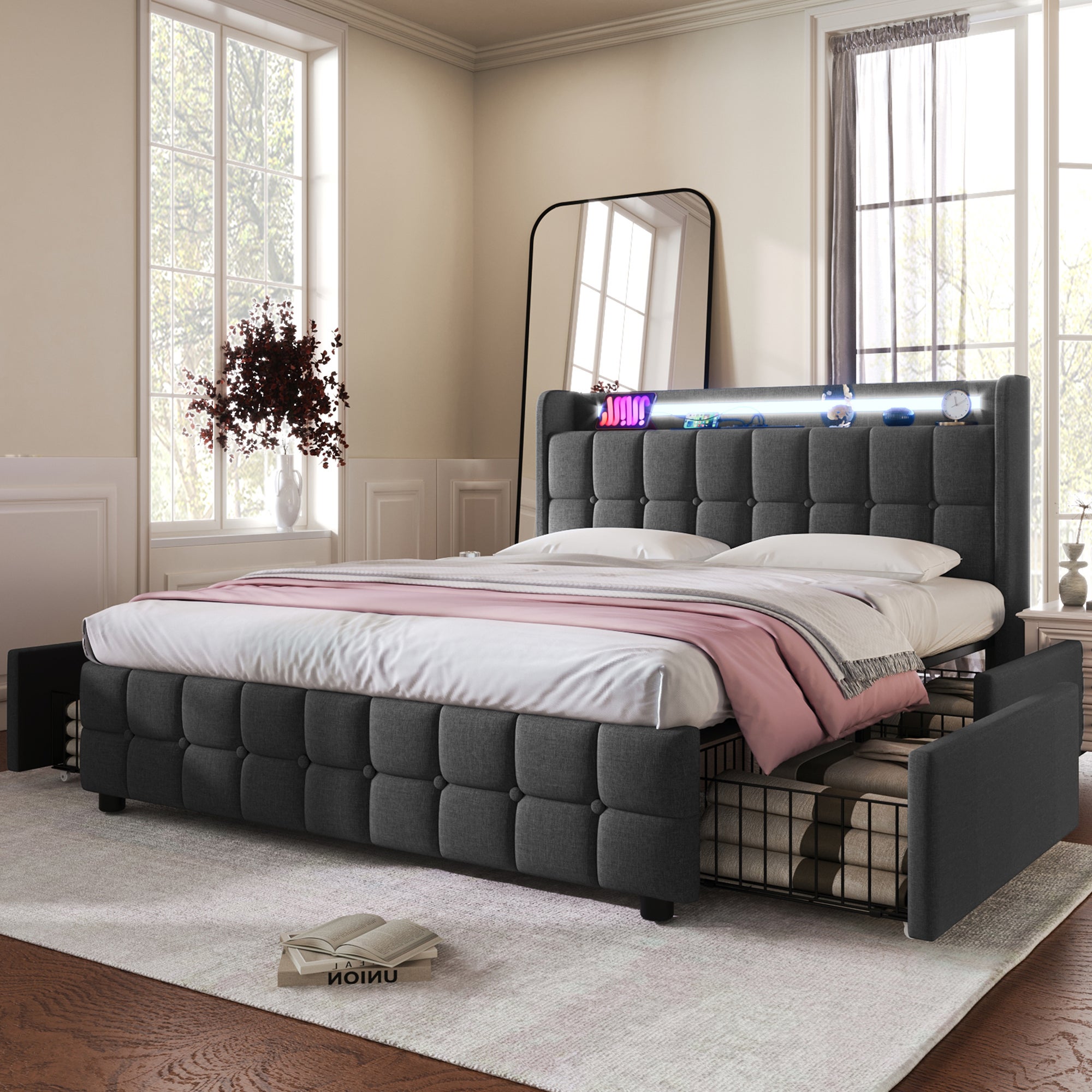 Lit rembourré 160x200cm en lin - avec LED et ports de charge USB - 2 ...