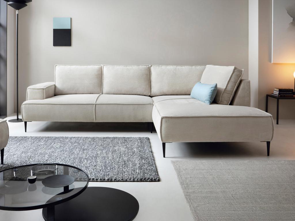Grand canapé d'angle droit en velours côtelé beige GINETO | Leroy Merlin