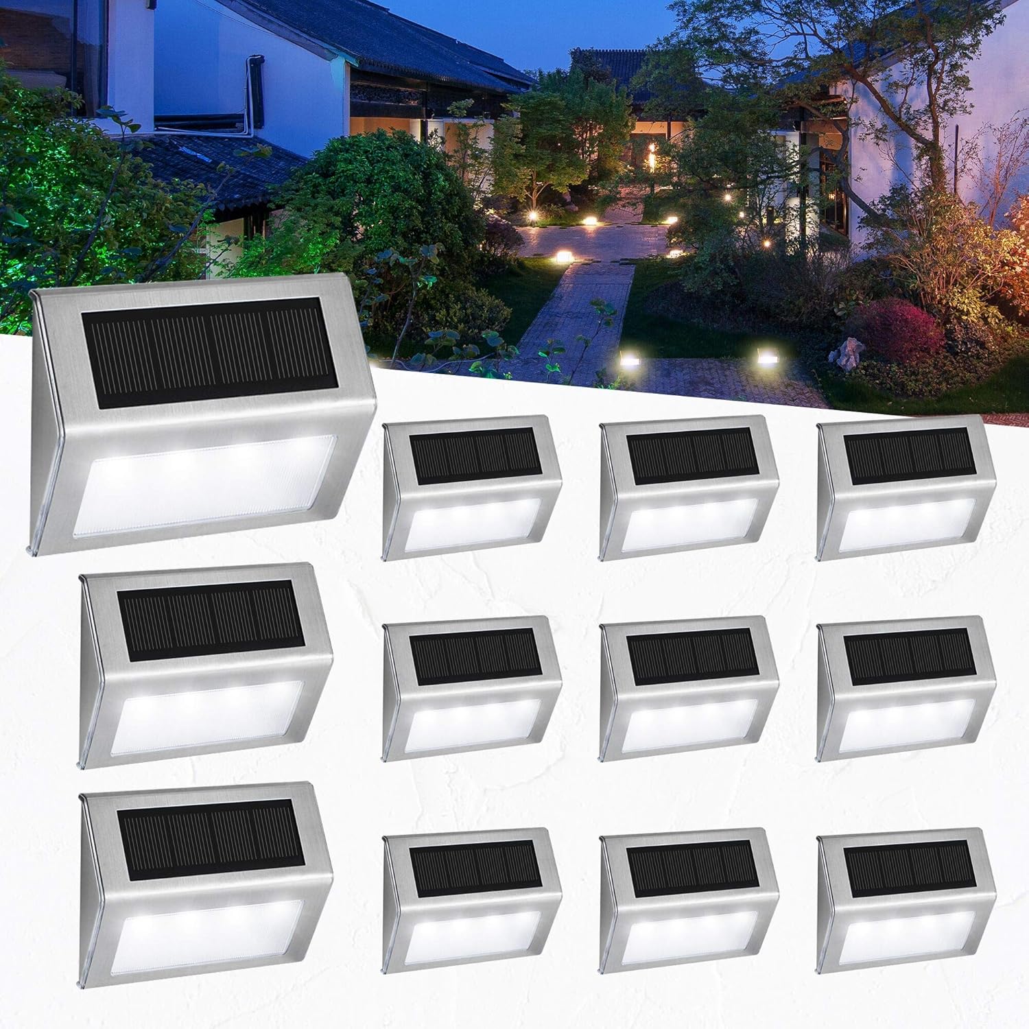 12 luces solares para exteriores, de color blanco frío, para escaleras ...