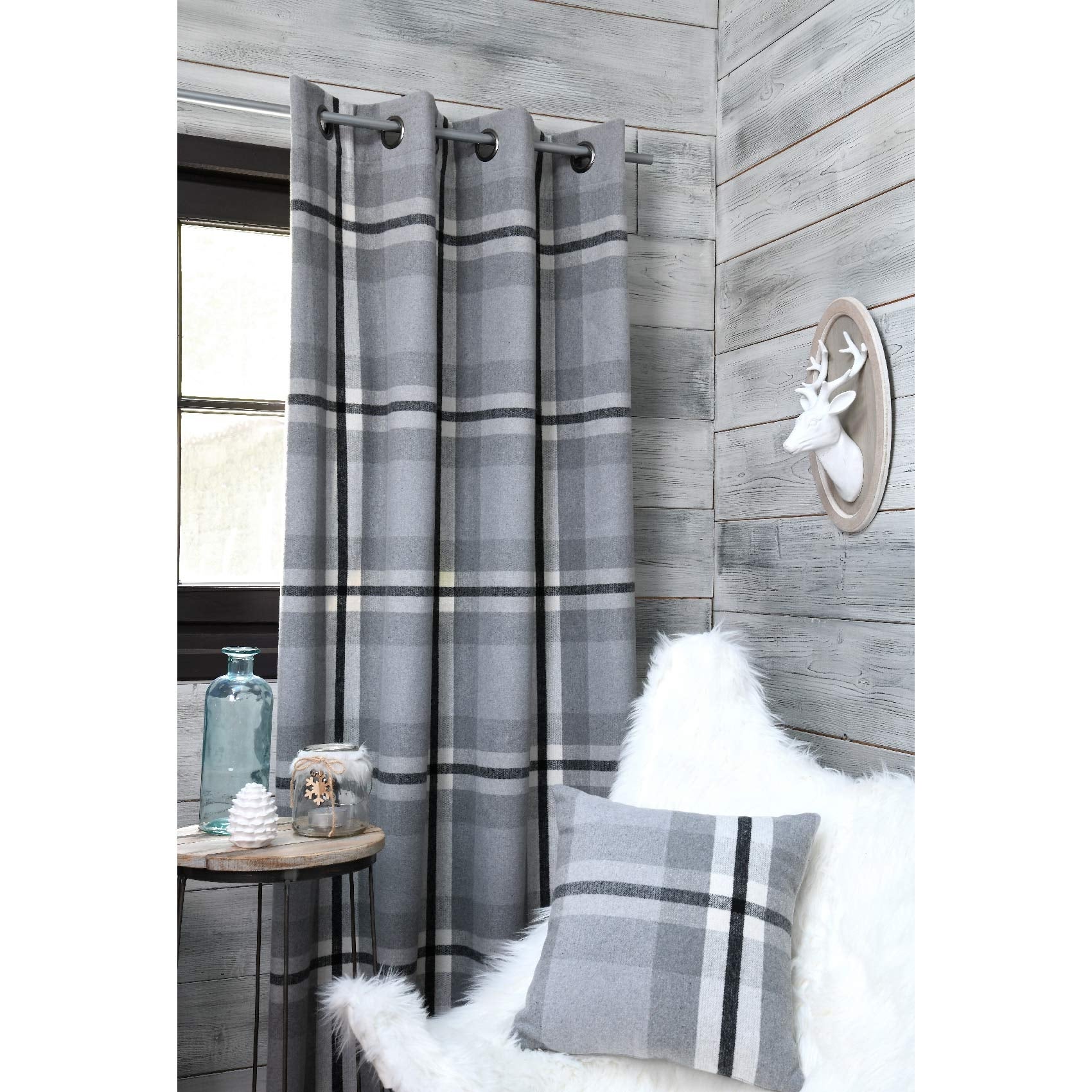 Rideau esprit de montagne - Gris clair - 135x260 cm - Polyester/Laine ...