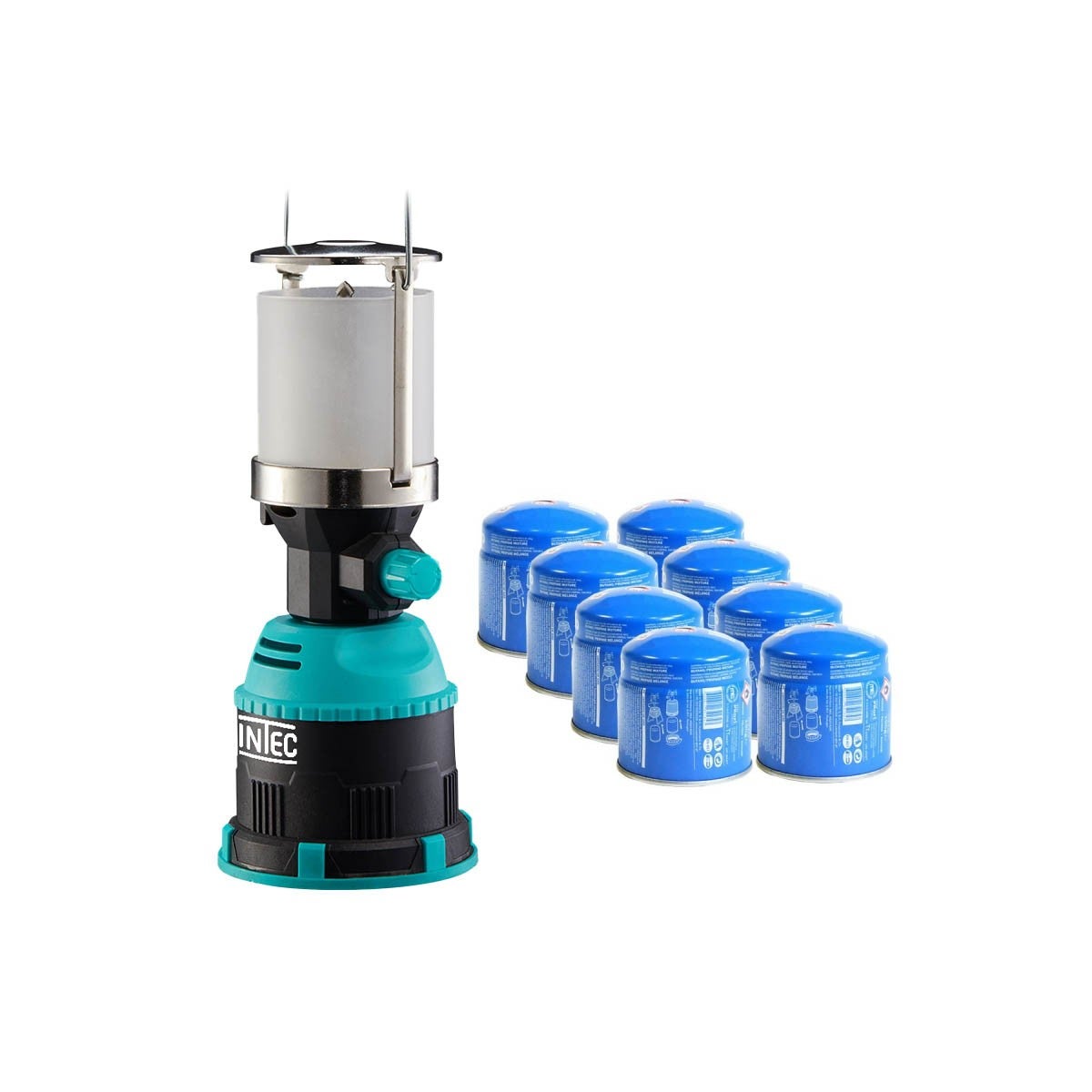 Lámpara de gas 450W piezo carcasa ABS INTEC linterna camping + 8 ...