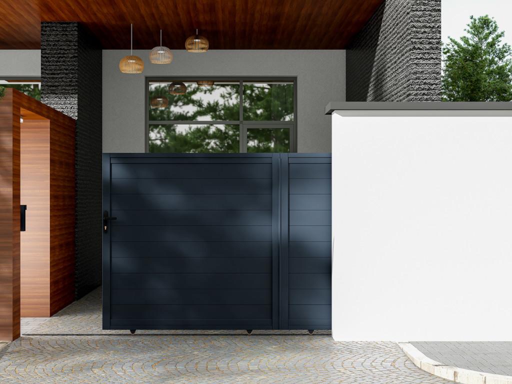 Portail coulissant aluminium plein L374 x H180 cm anthracite - NAZARIO ...
