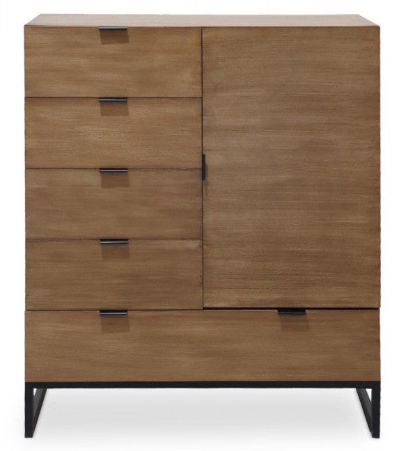 Commode 5 tiroirs 1 porte chêne clair et métal noir Baktoo | Leroy Merlin