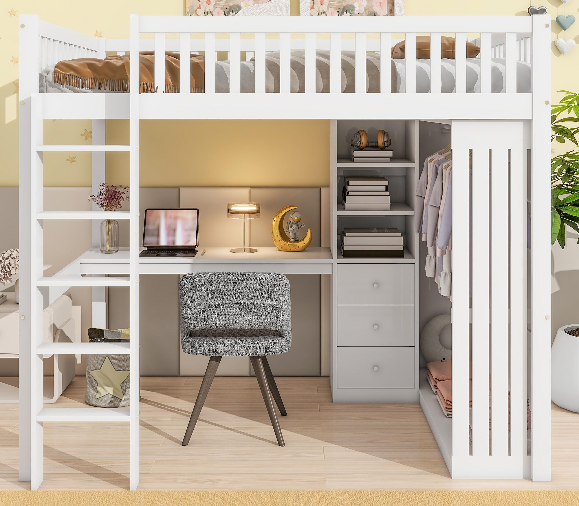 Cama alta de madera de 140x200 cm - con escritorio y armario - Blanco ...