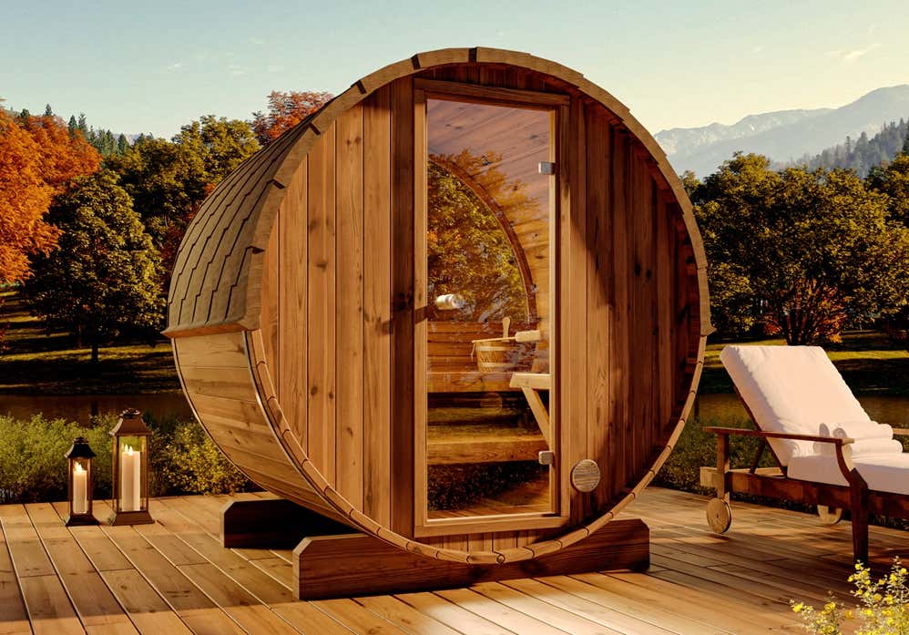 Sauna tonneau panoramique FinnTherm, 2x1.6m dim. ext. (cas échéant incl ...