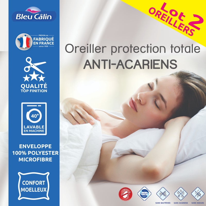 Lot de 2 Oreillers 60 x 60 cm "Protection totale Anti-Acariens" Bleu ...