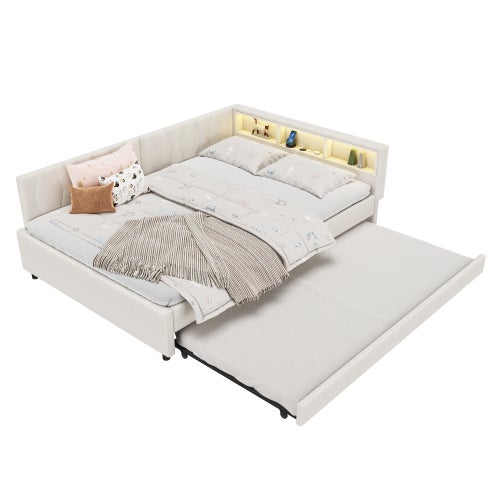 Lit banquette extensible en lin beige 140x200 cm avec LED multicolore ...