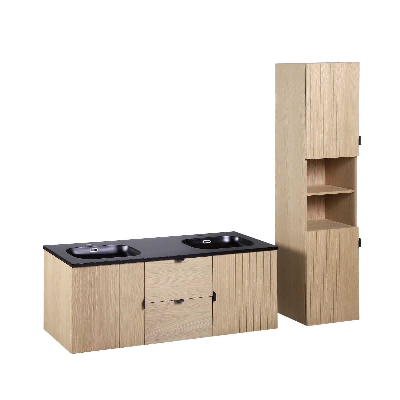 Meuble double vasque 140cm chêne STUDIO suspendu + colonne | Leroy Merlin