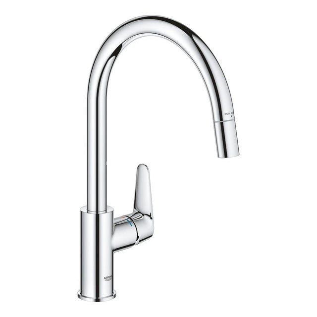 Grohe BauCurve Mitigeur de cuisine - bec en forme C - mousseur extractible - Chrome | Leroy Merlin
