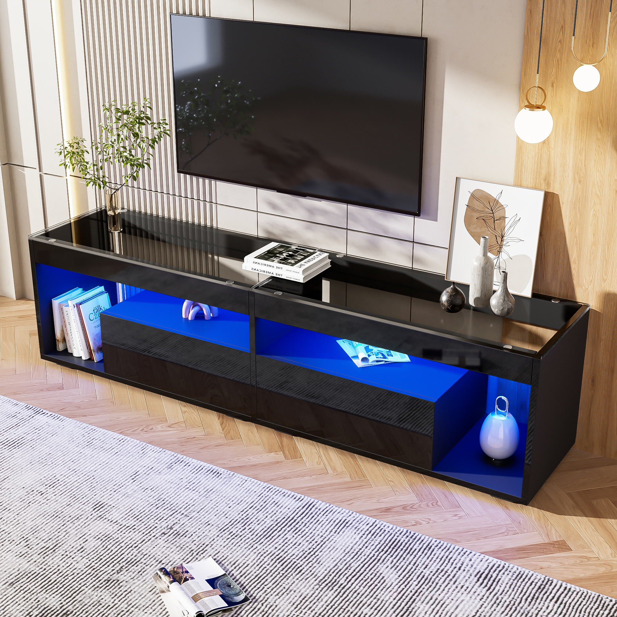 Meuble TV LED 180 cm pour Écran 70 Pouces avec 2 Tiroirs et Application ...