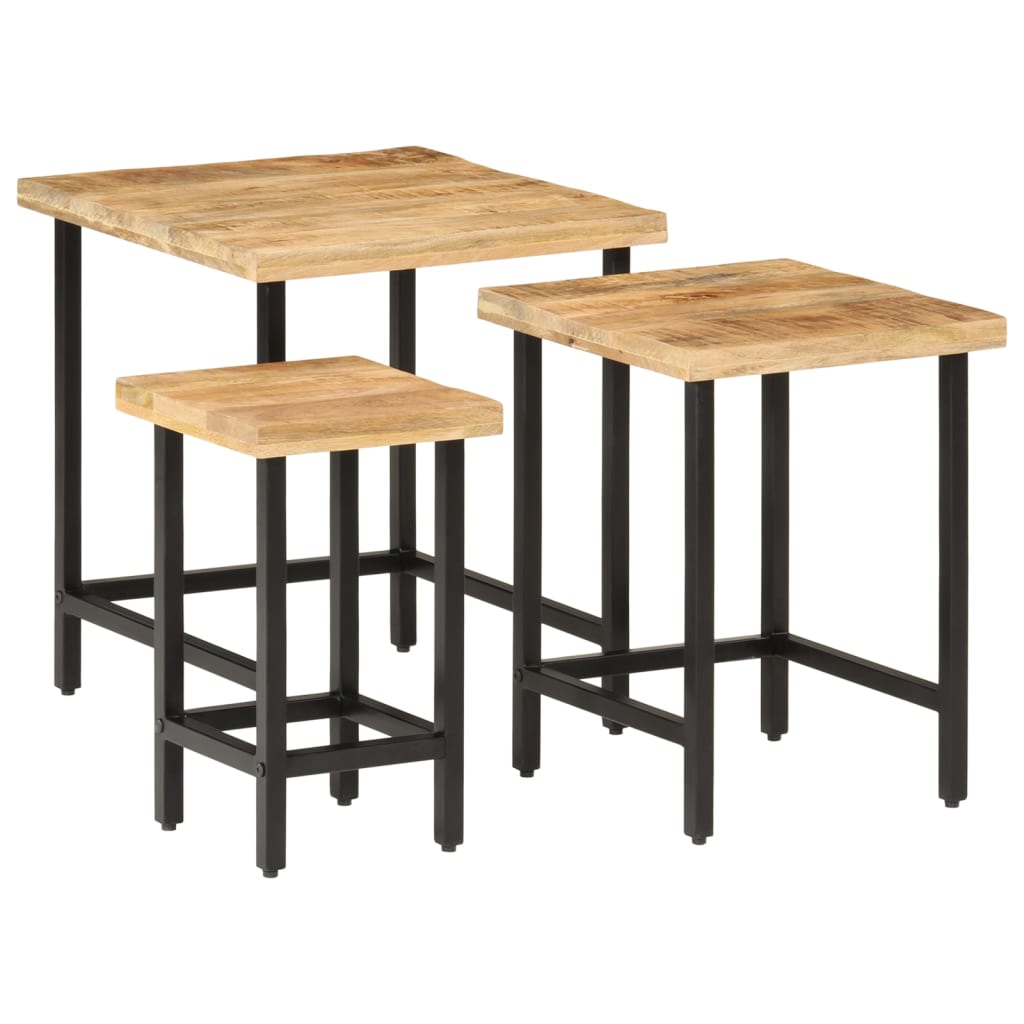 Vidaxl Mesas Apilables 3 Piezas Madera De Mango Rugosa Maciza Y Hierro