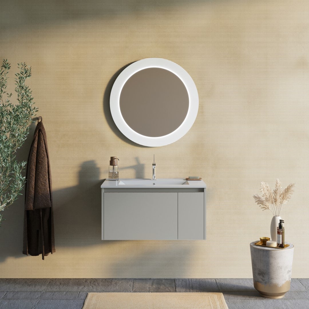 MOBILE BAGNO 80CM BEIGE SABBIA CON SPECCHIO TONDO ILLUMINATO LED ...