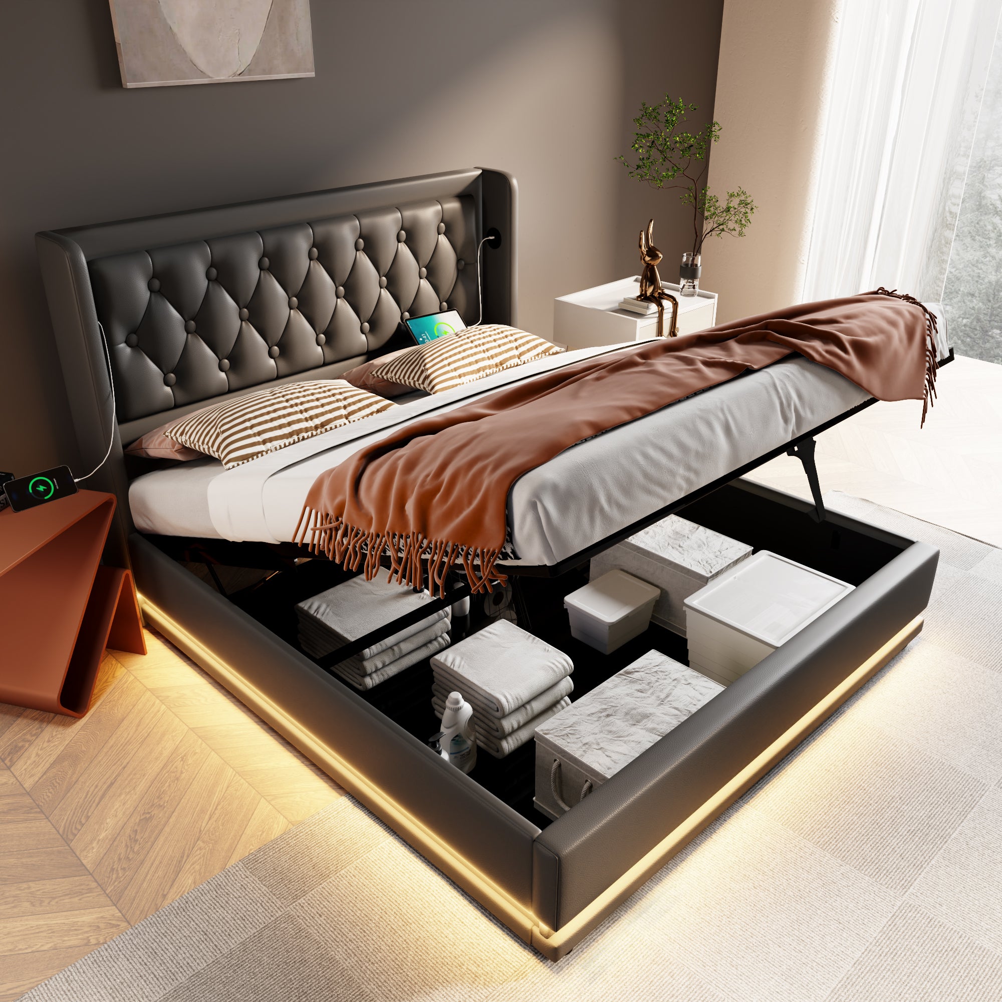 Lit coffre Lit capitonné Lit double 140 x 200 cm avec fonction de ...