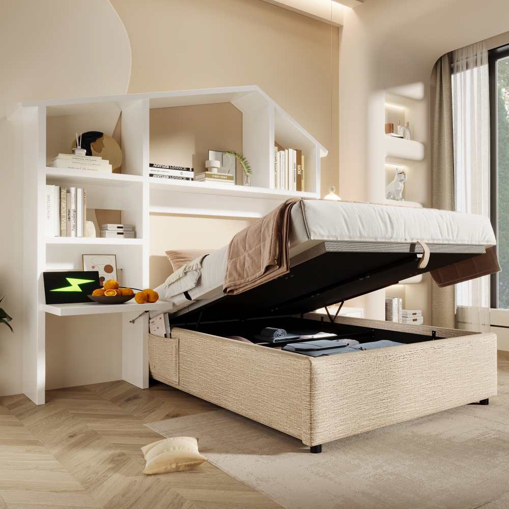 Cama Infantil 90x190 cm con Estantería, Almacenamiento Hidráulico y USB ...