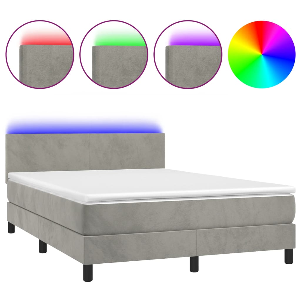 Lit boxspring avec matelas et lumière LED velours gris 140x200 cm ...