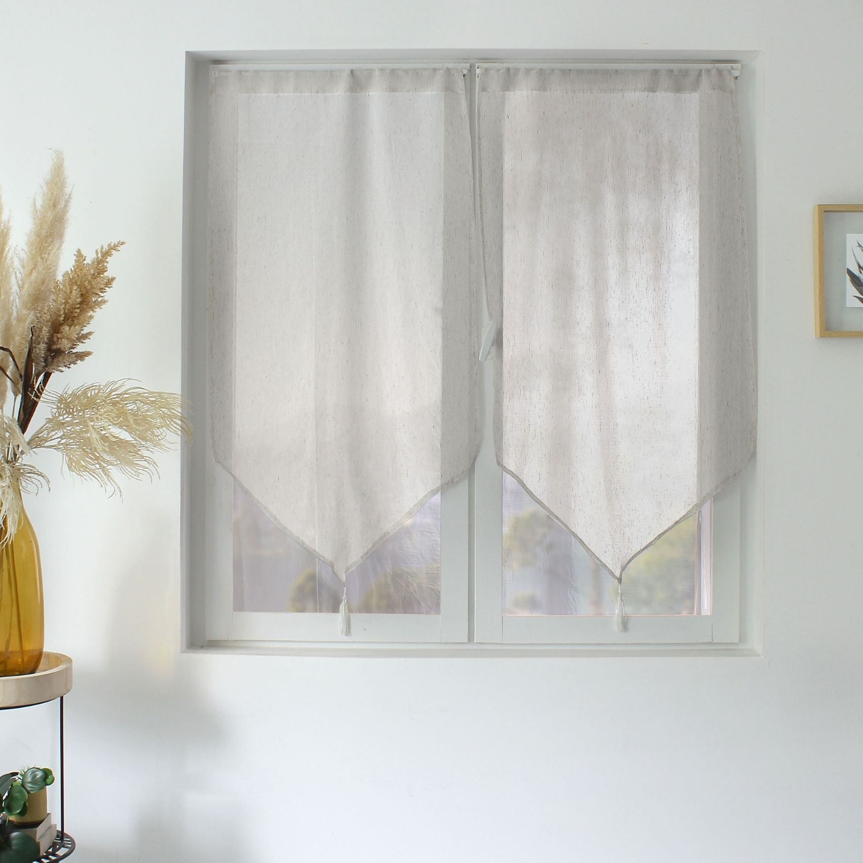 Paire de petits rideaux aspect lin finition pointe - Blanc - 60x160 cm ...
