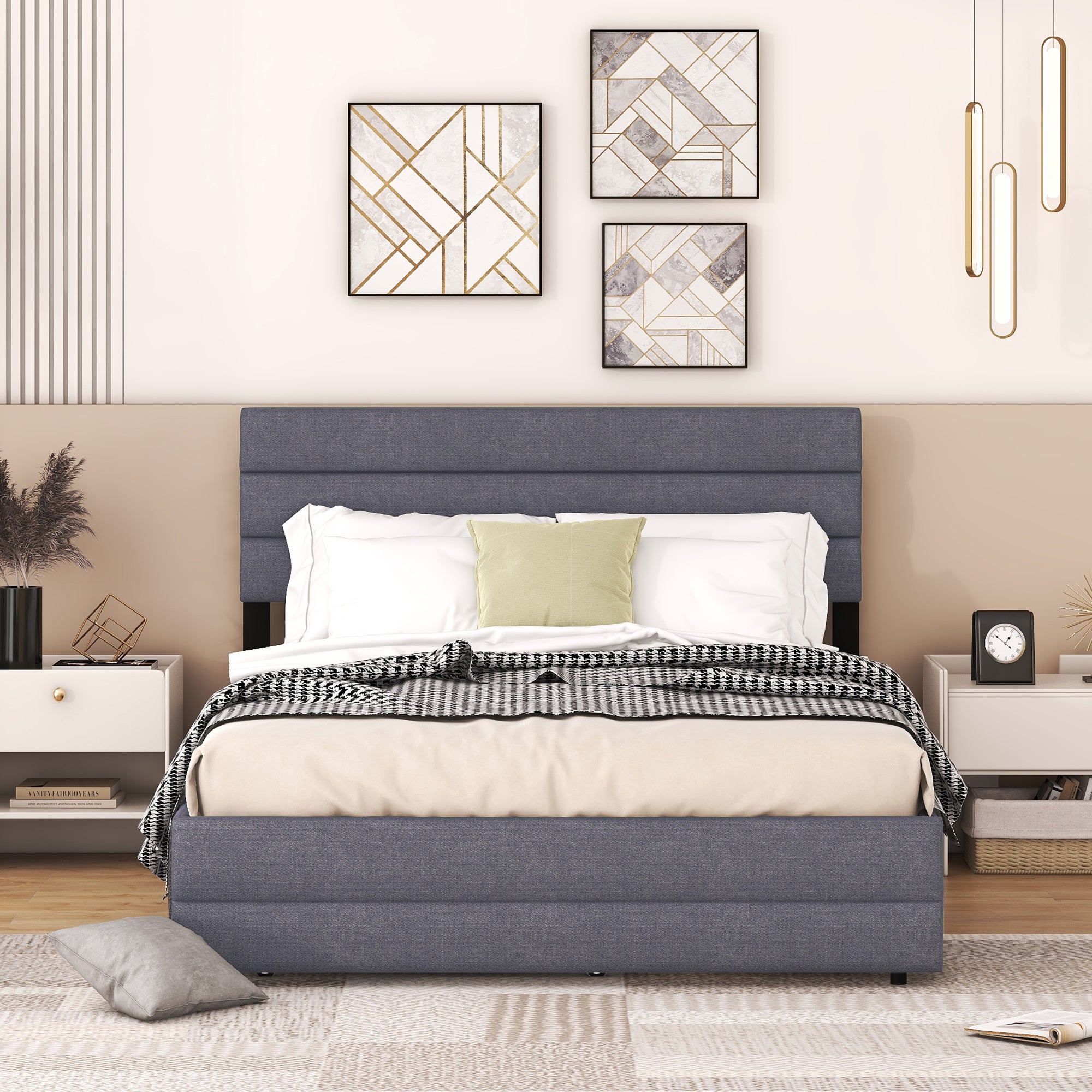 Lit adulte 140x200cm en tissu lin - avec un lit gigogne 90x190cm et 2 ...