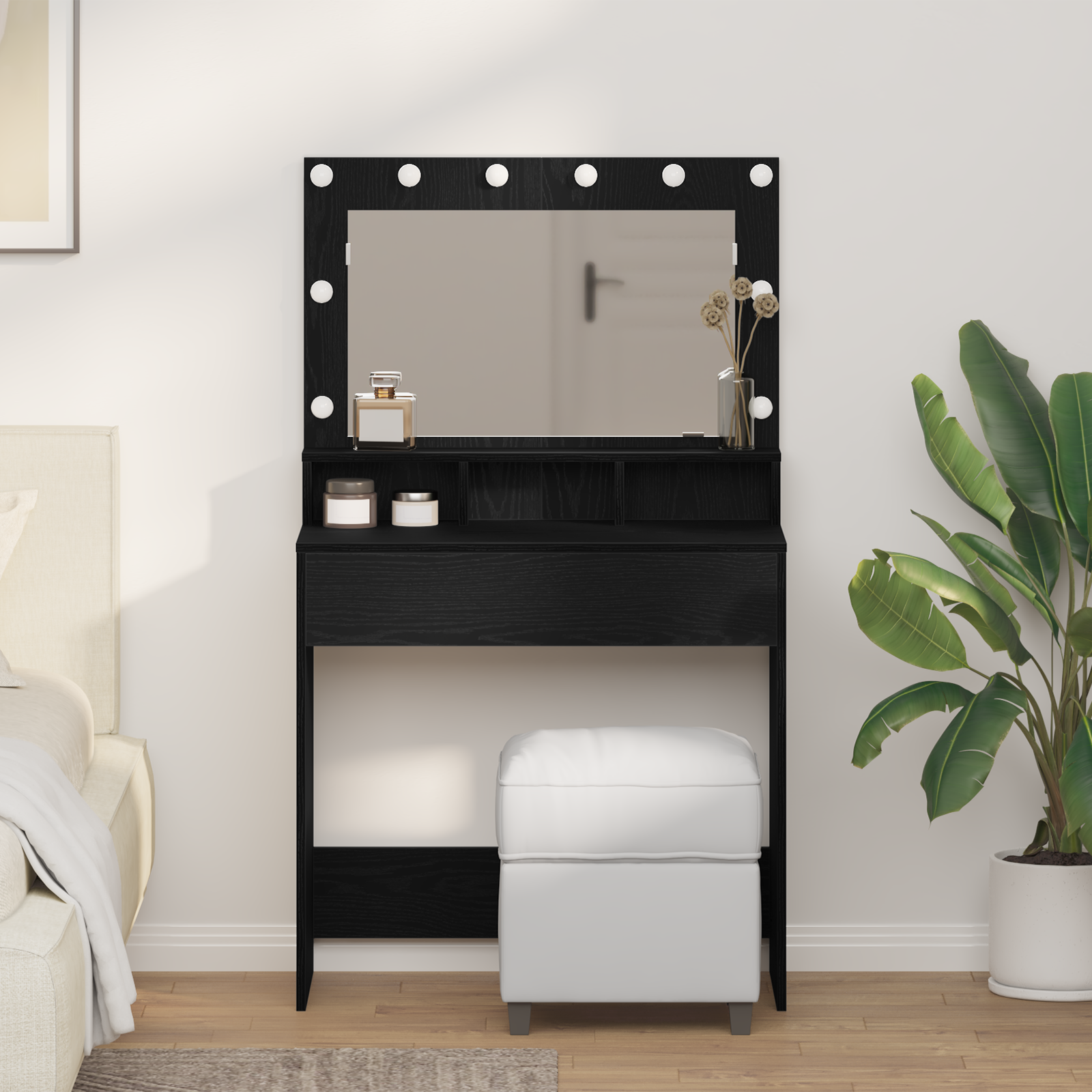 Tocador | Mesa de maquillaje con Luces LED - Madera Negra 79x41x135 cm ...