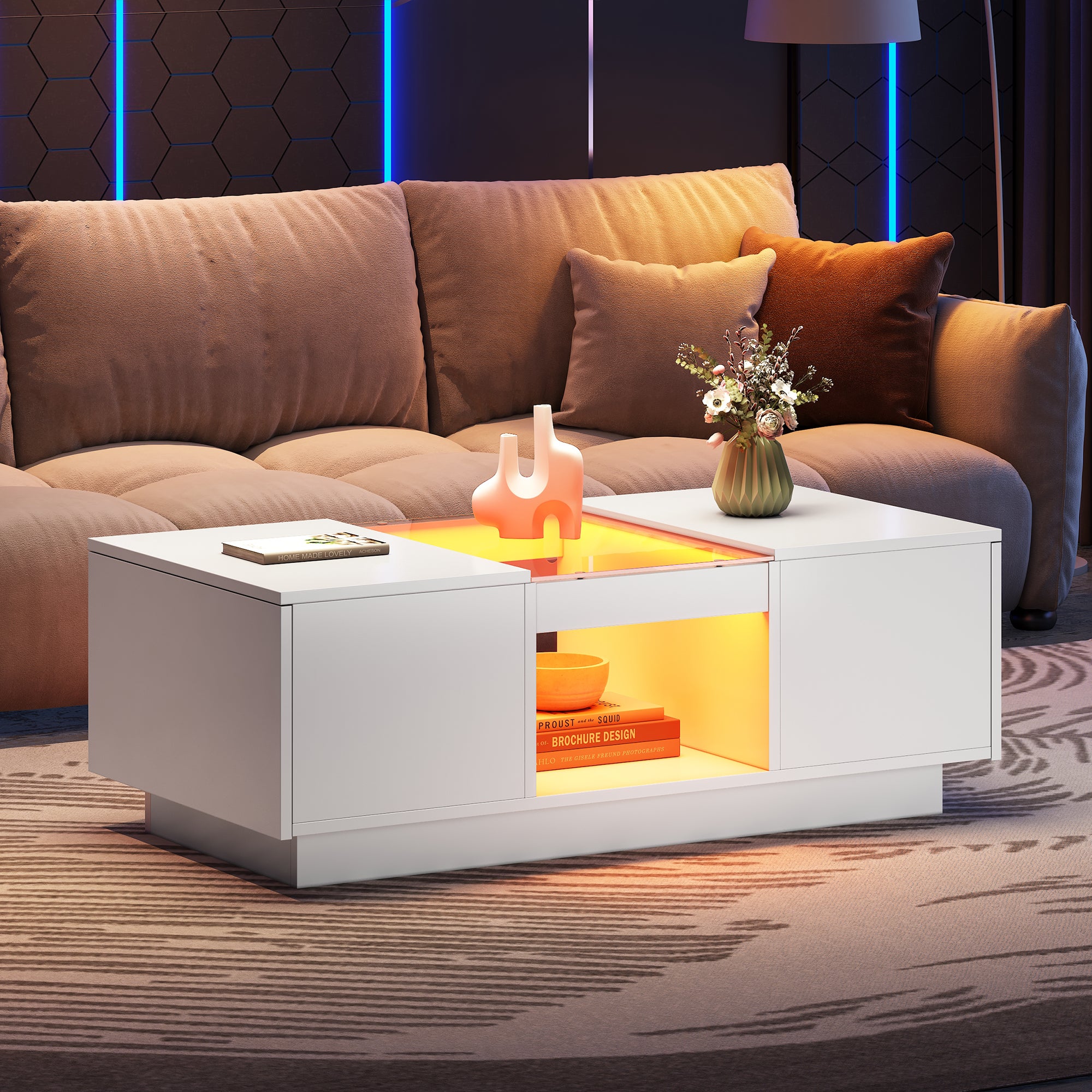 Table basse rectanculaire blanche avec éclairage LED, 2 tiroirs ...