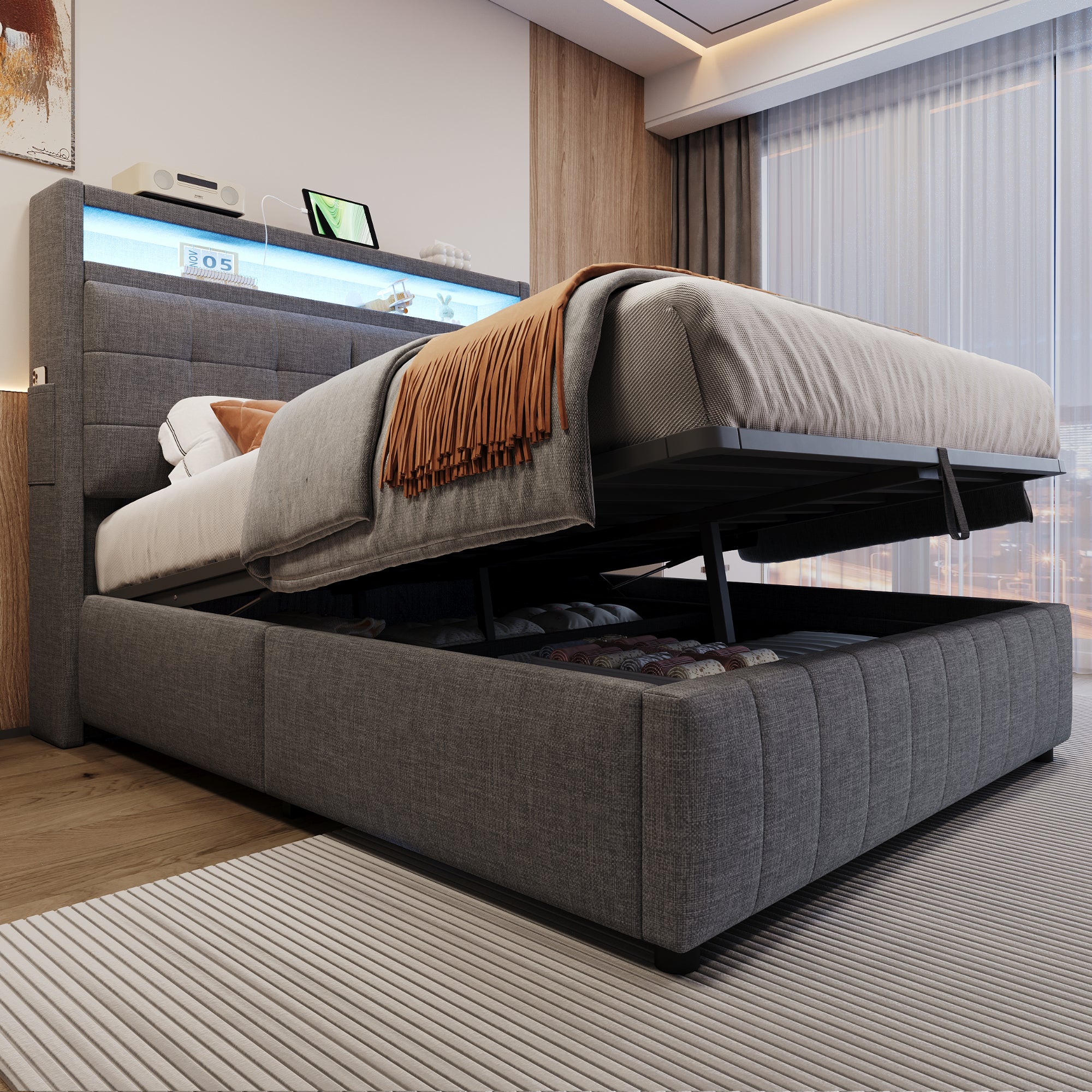 Cama 140×200 cm en lino gris con LED RGB, USB, cabecero con estantes y ...