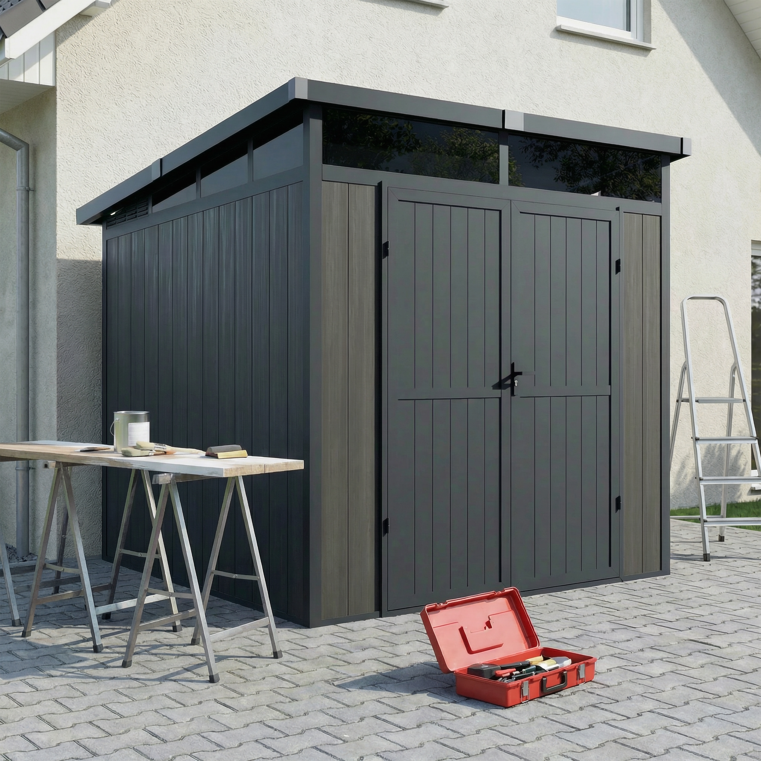 Abri de Jardin Bois Composite 4m2 Gris 237x223x227cm EVORA - Cabane a ...