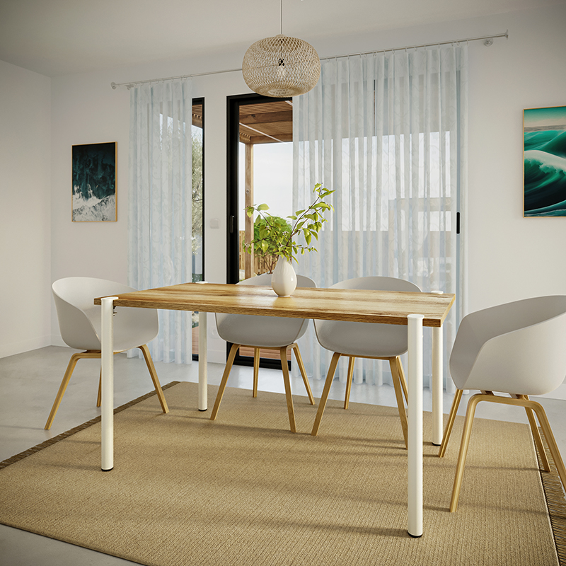 Table à manger rectangle DECO-GEM, 6 pers. Décor chêne clair. 4 pieds "Topaze" acier marron L ...