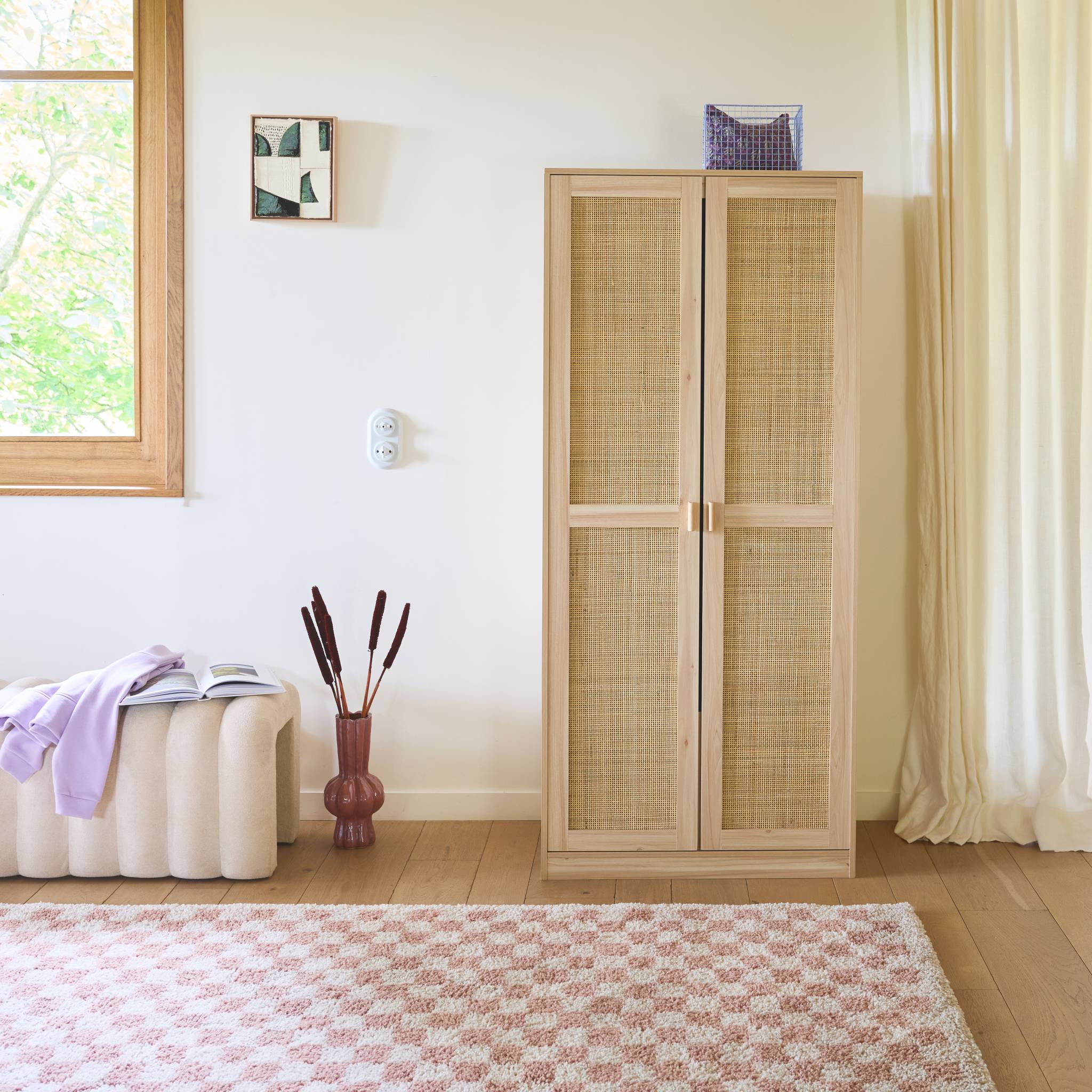 Armoire dressing cannage et effet bois. 2 portes avec penderie et ...