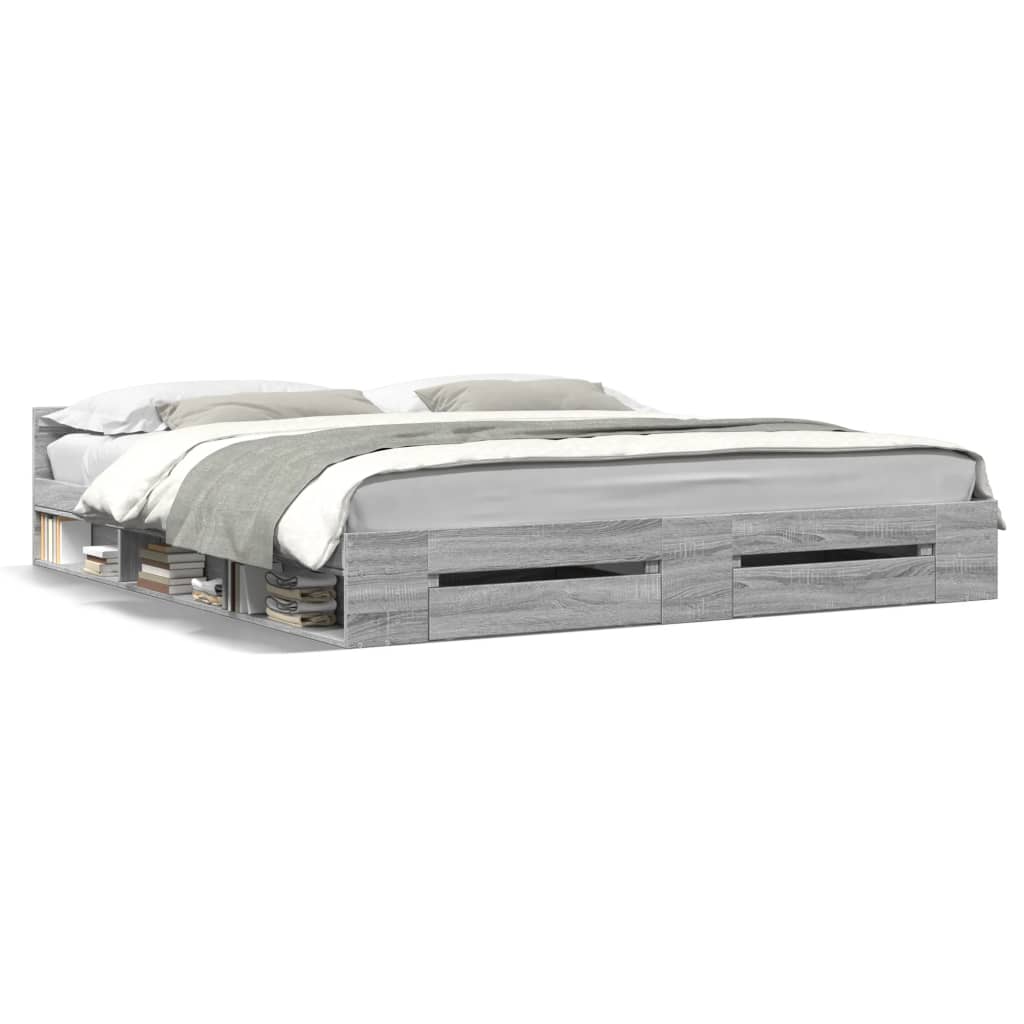 Lit avec tiroirs en bois contrecollé gris Sonoma 200x200 cm | Leroy Merlin