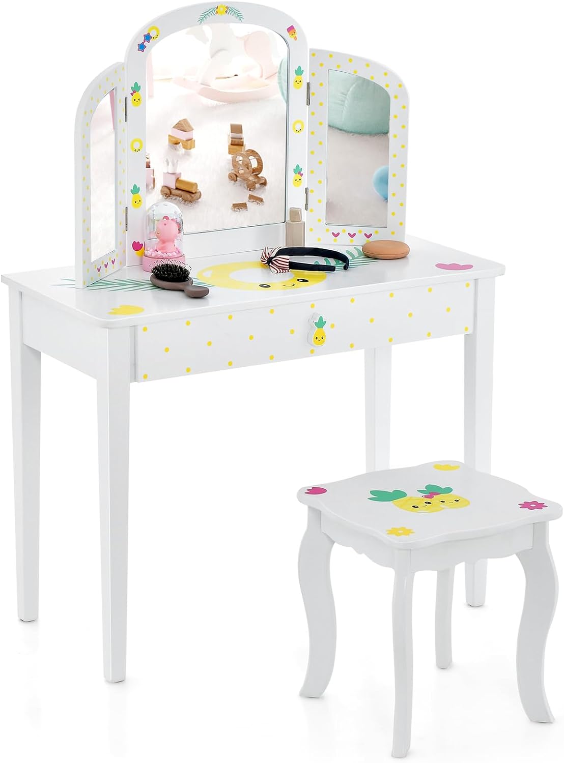 Coiffeuse Enfant, Table de Maquillage avec Miroir Triptyque et Tabouret ...