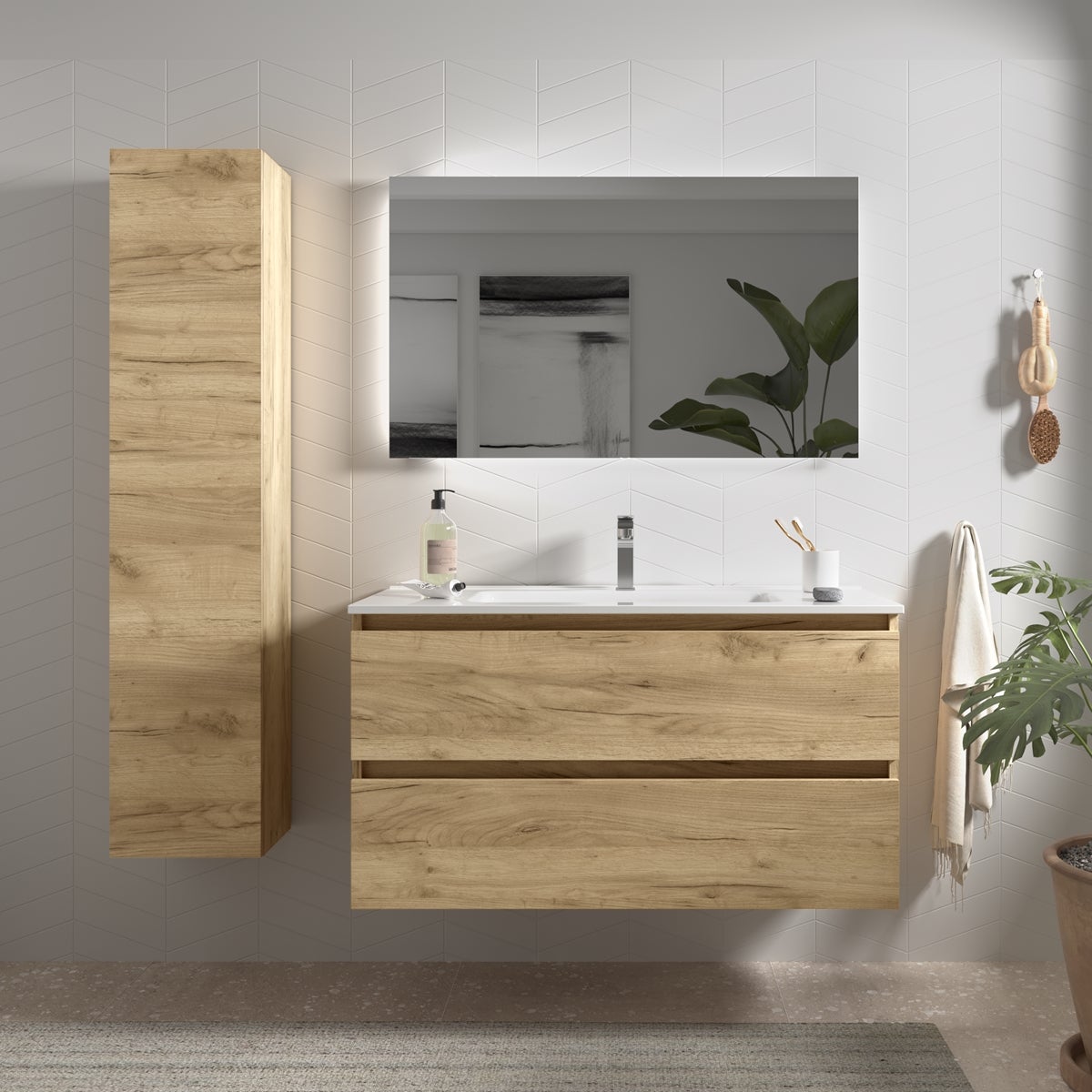 Mueble de Baño BEQUIA 100cm Roble | Lavabo Porcelana | Leroy Merlin