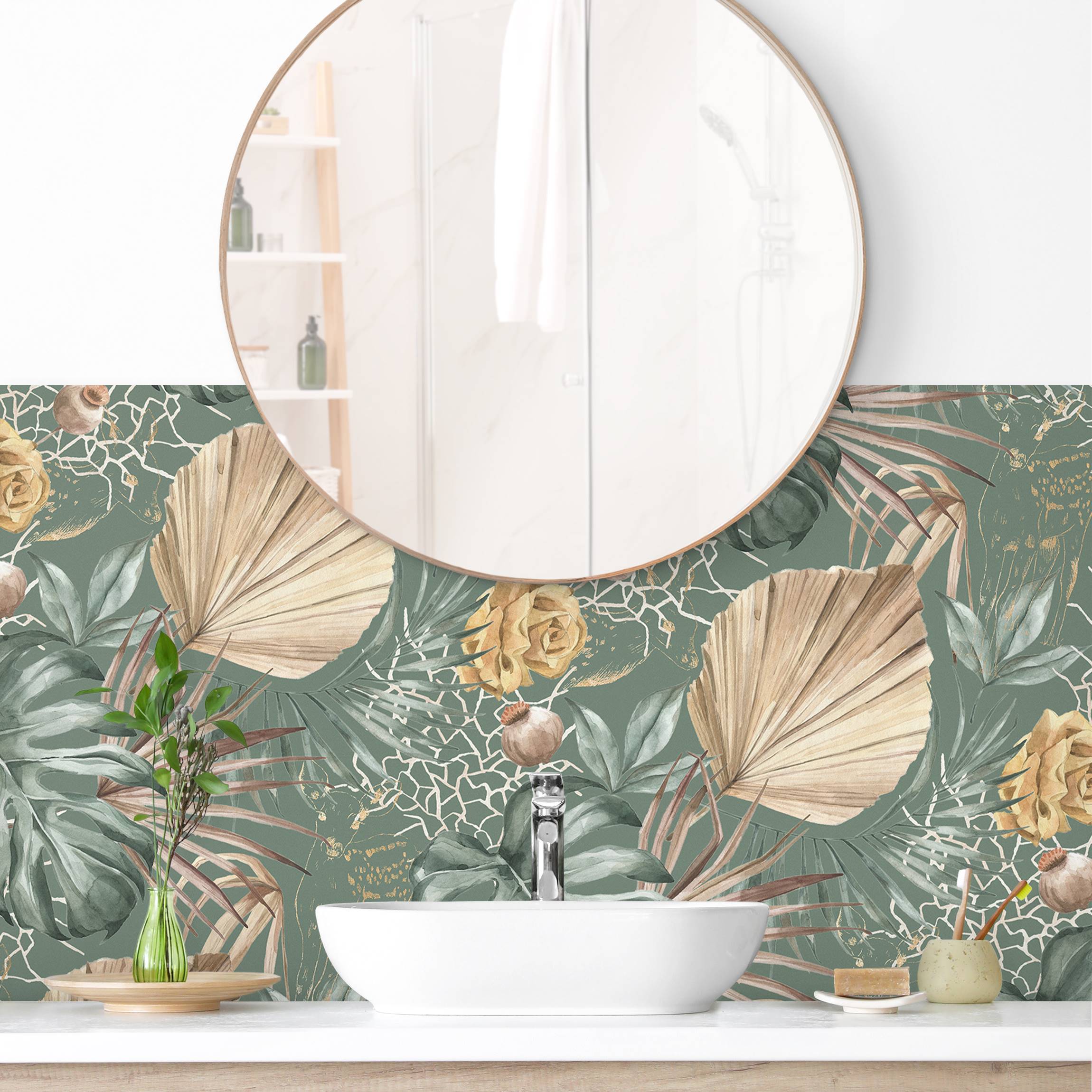Panneau mural pour salle de bain - Grandes feuilles avec roses sur fond vert 250 x 90 cm | Leroy ...