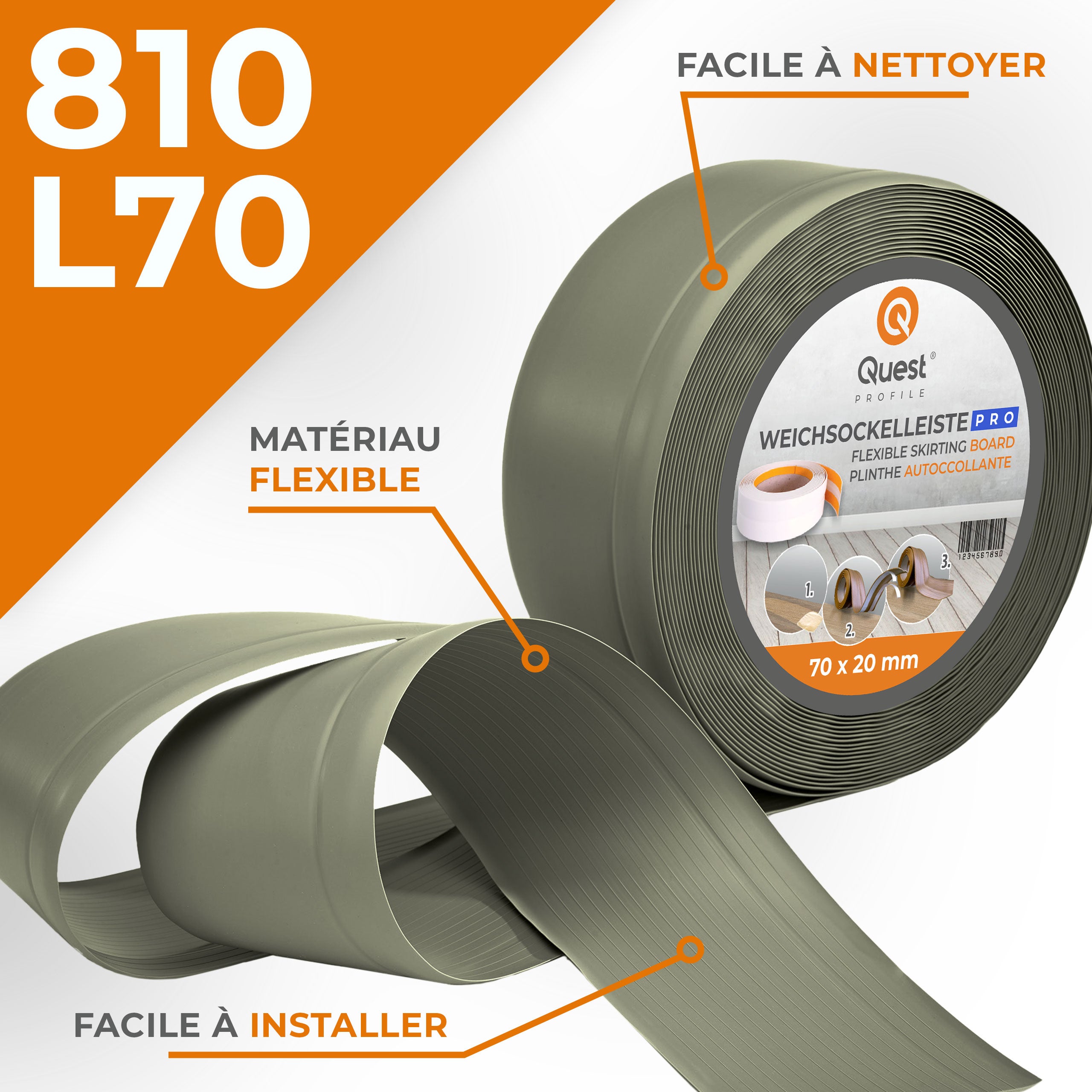 QUEST Plinthe en PVC Flexible 70x20mm, 15m, Plinthe Souple et Élastique ...