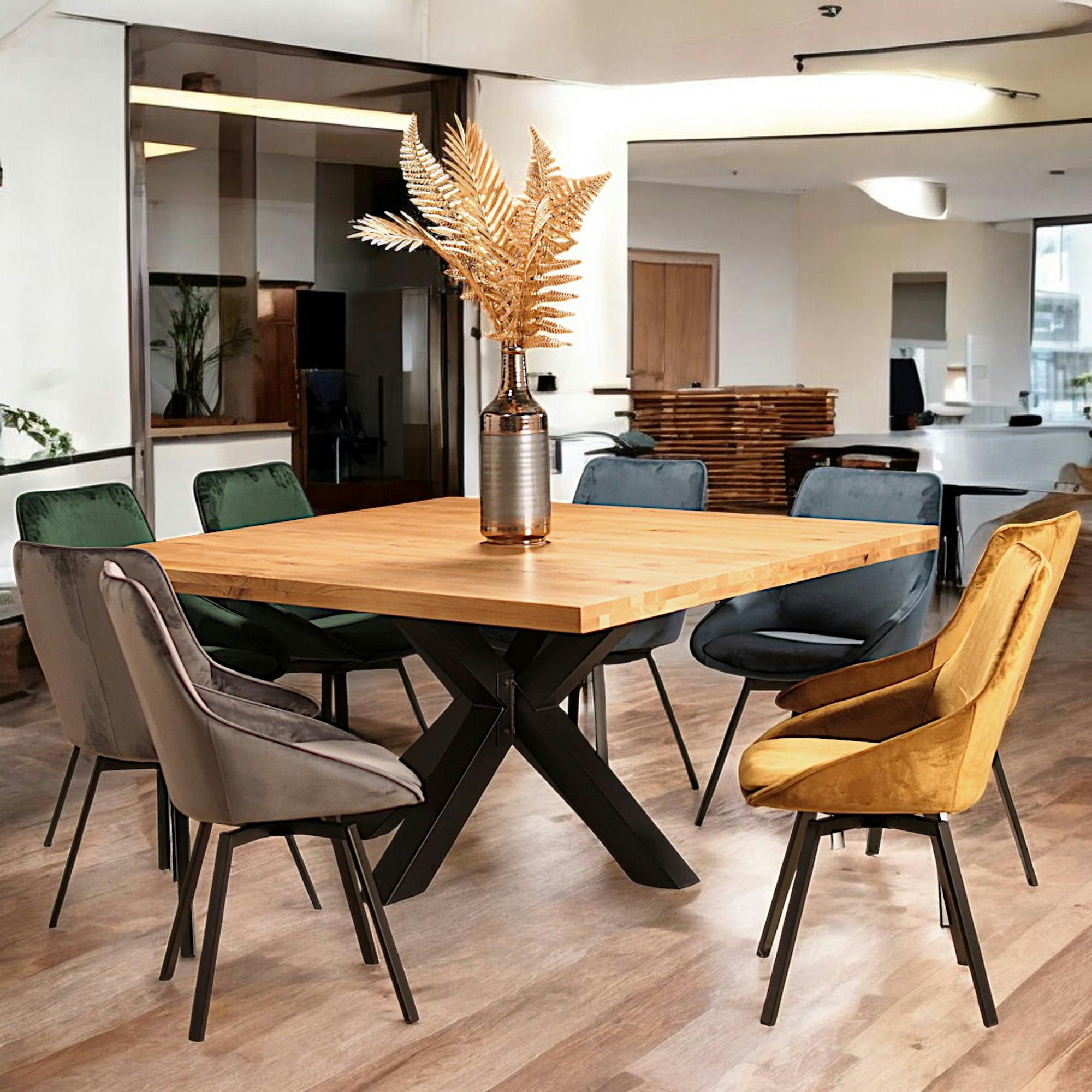 Table à manger carrée chêne pied croisé métal 150cm VOLGA | Leroy Merlin