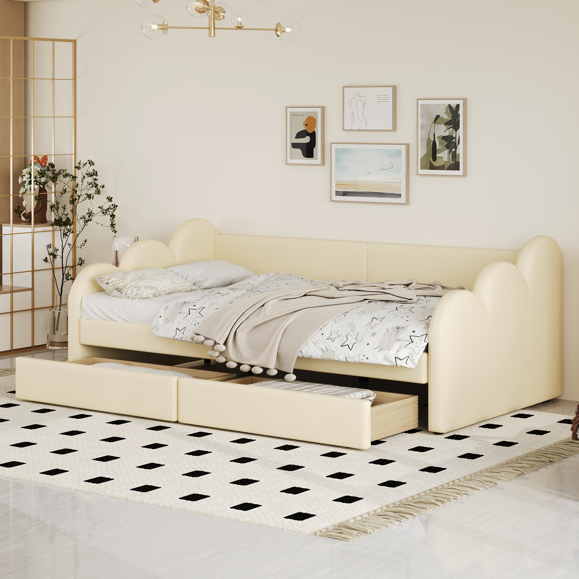 Lit capitonné 90 x 200 cm avec 2 tiroirs, dossier et accoudoirs ...