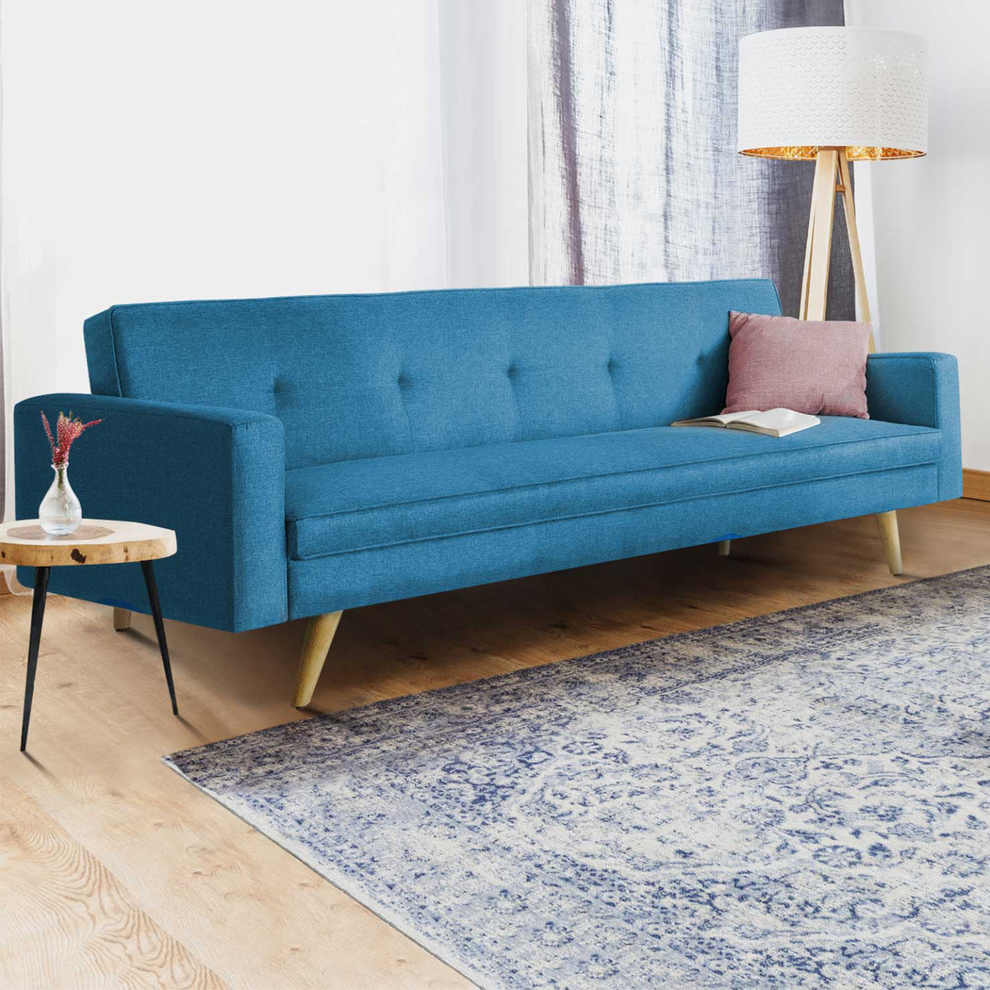 Canapé droit scandinave 3 places convertible LARS en tissu bleu canard ...