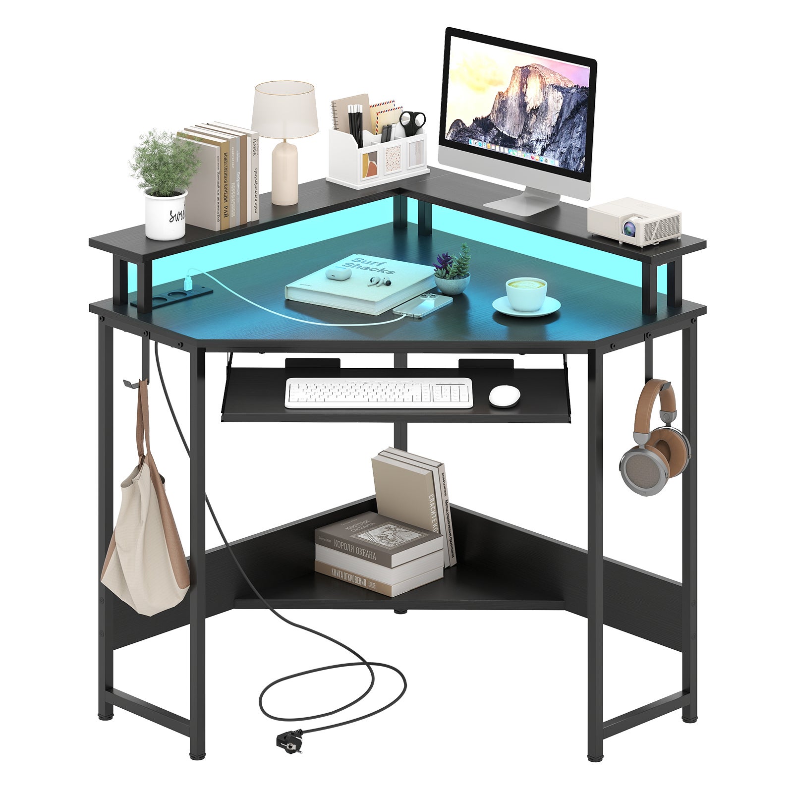Bureau d'angle avec Station de Charge, Bureau Gaming avec LED, Plateau ...