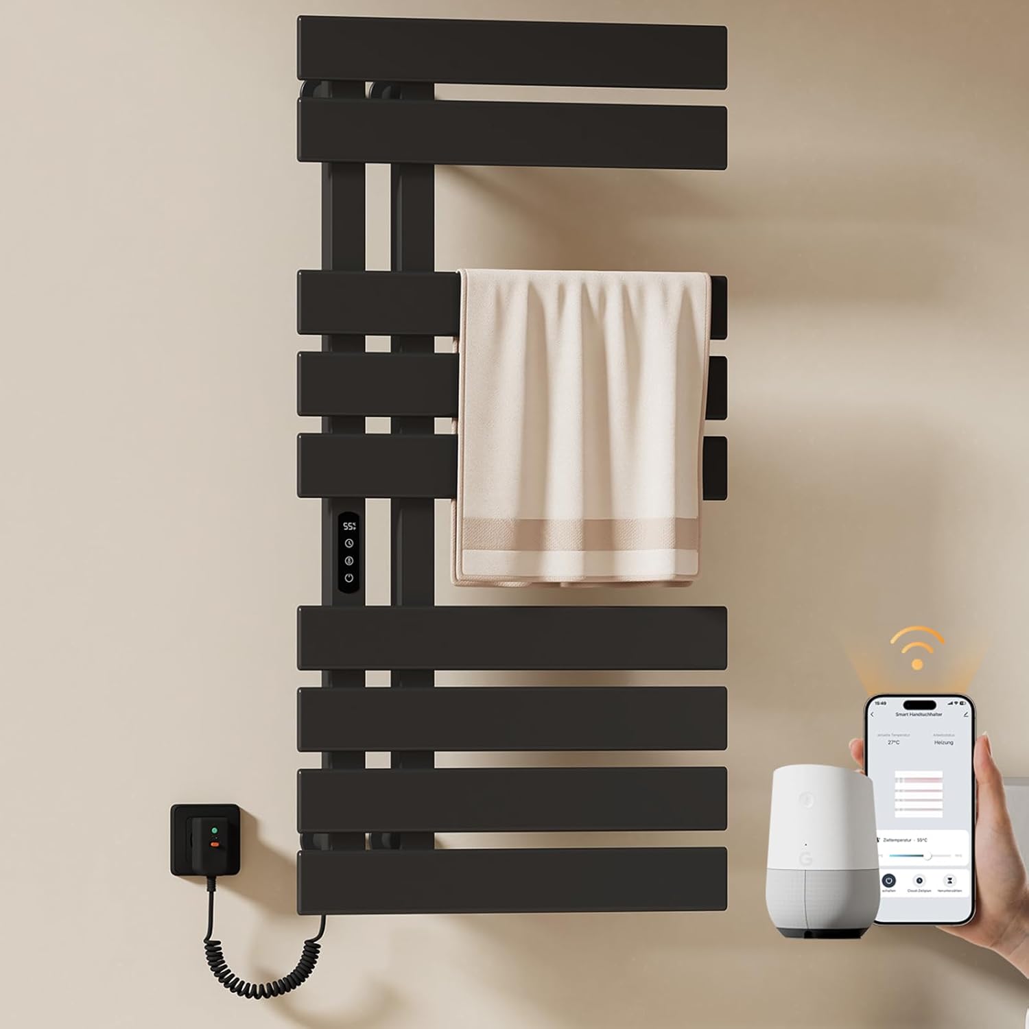 EMKE Grzejnik elektryczny łazienkowy 320W 100x50 cm czarny mat - WiFi+TUYA+Głos (Google/Alexa ...