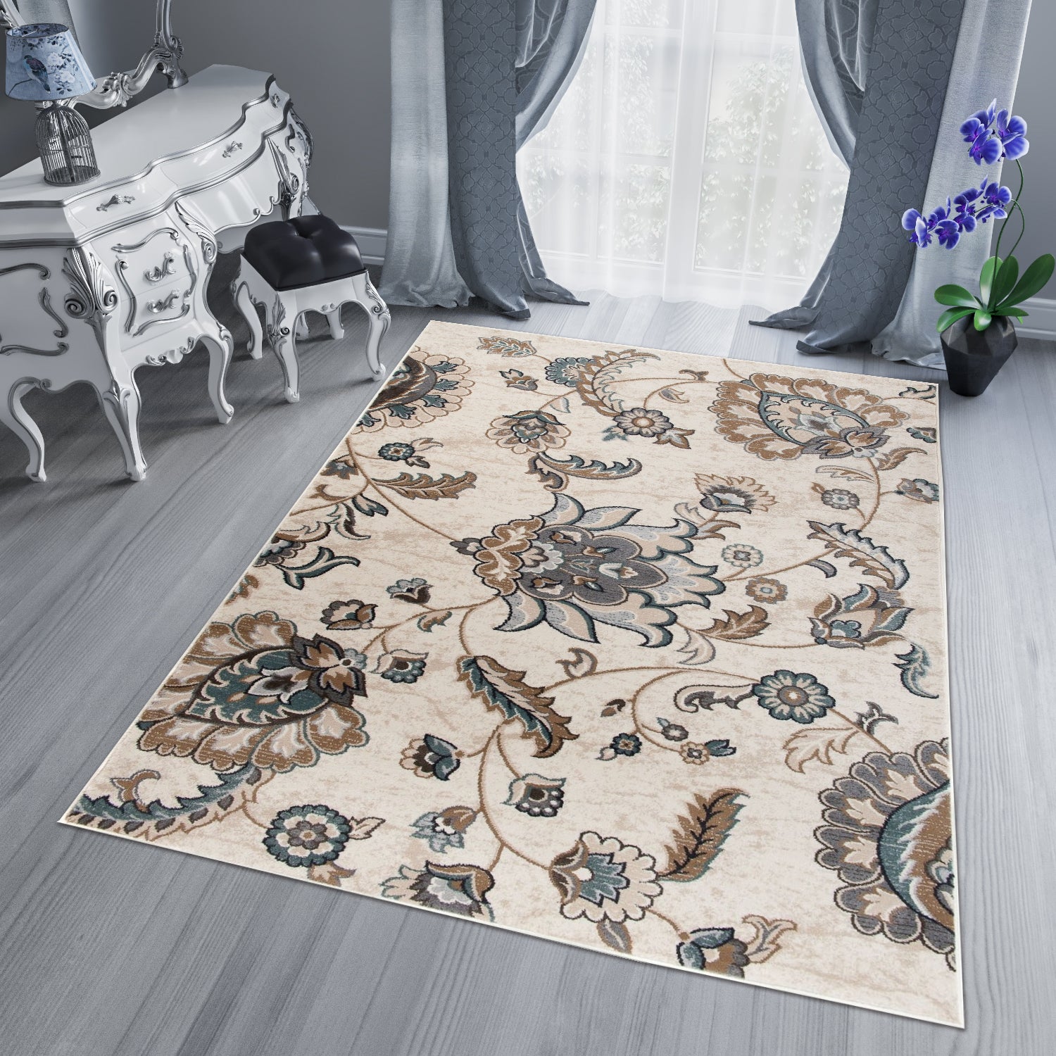 TAPISO Dubai Tapis Salon Poil Court Traditionnel Crème Bleu Beige OEKO ...