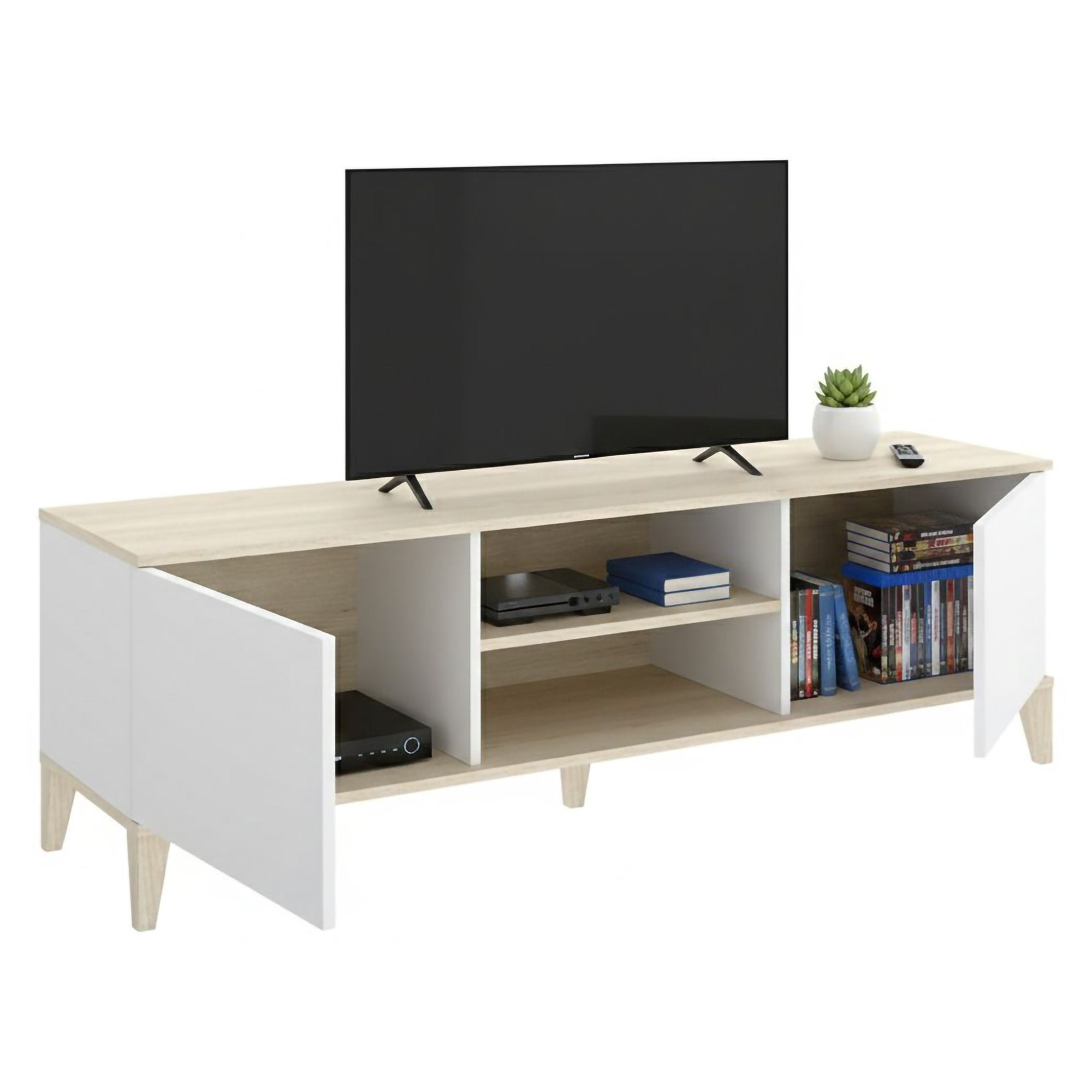 Meuble TV, 5 Étagères 2 Portes, avec Pieds, 40x150x48h cm Blanc - Altus ...