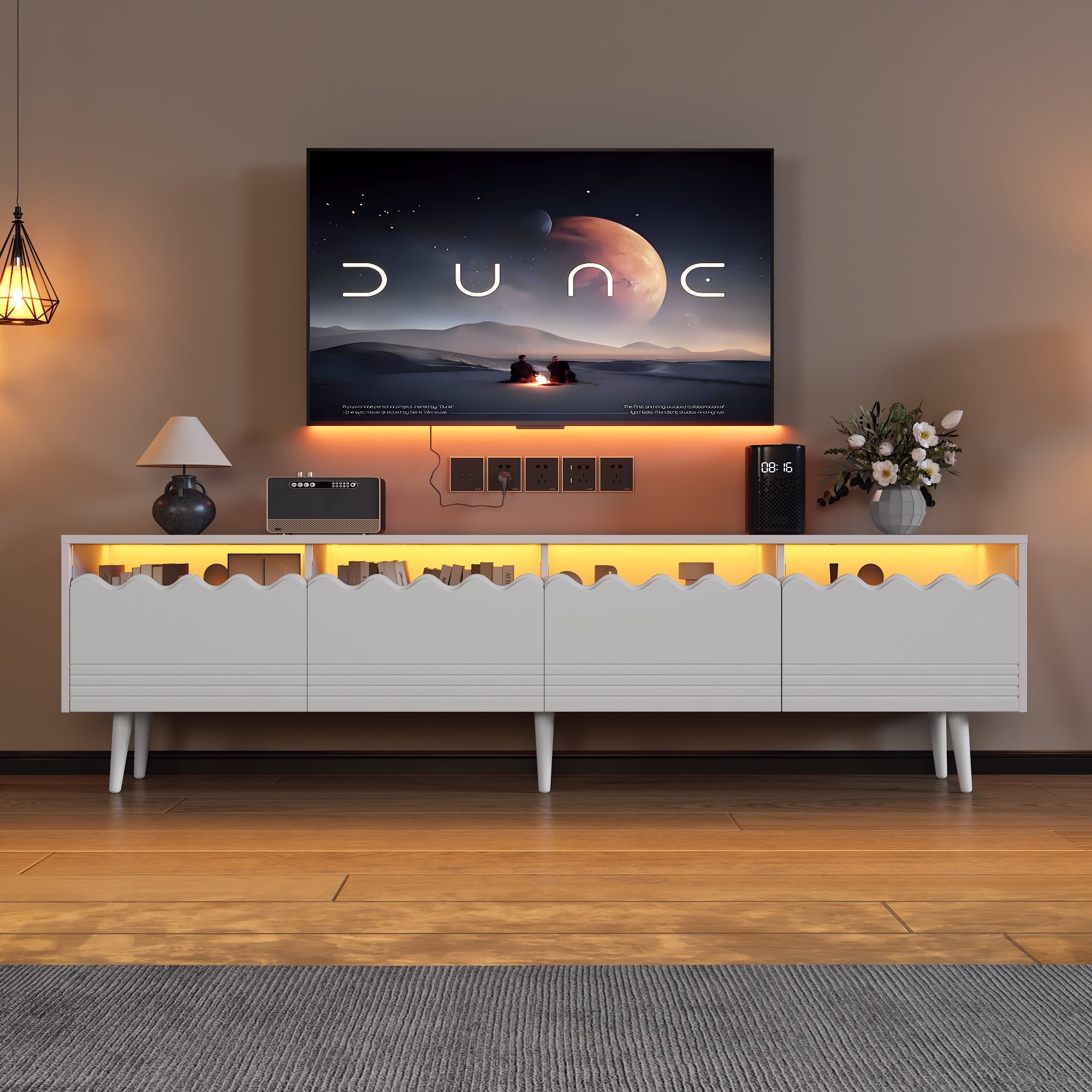 Mueble TV 176×38×45cm con LED, 2 cajones, 2 armarios, vidrio templado ...