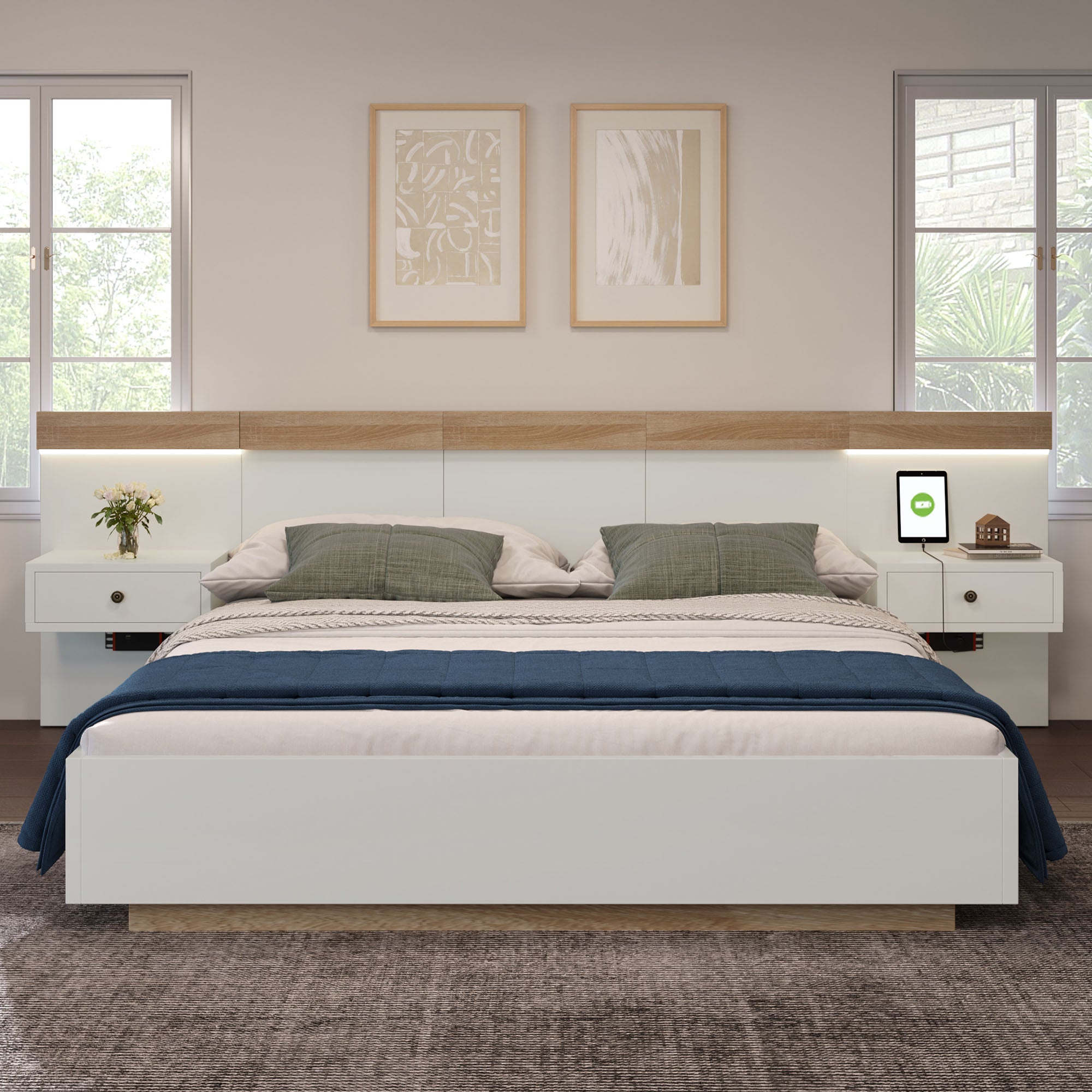 Lit 140x190 Cm Blanc Laqu Mat Et Bois Avec Chevets Suspendus Cbc Meubles