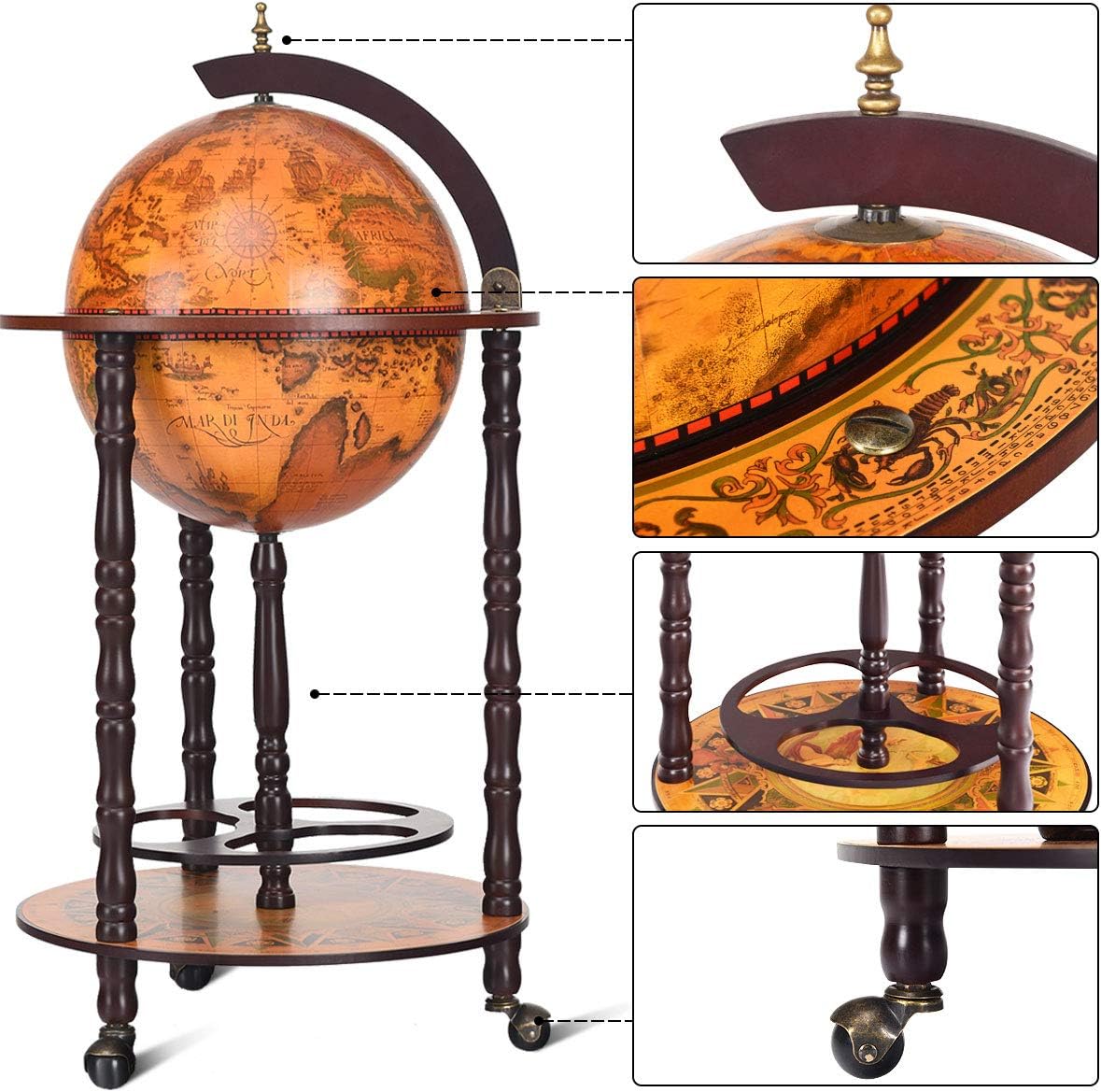 Bar Globe Terrestre avec 3 Roues-Porte Bouteilles en Bois-Mini Bar ...