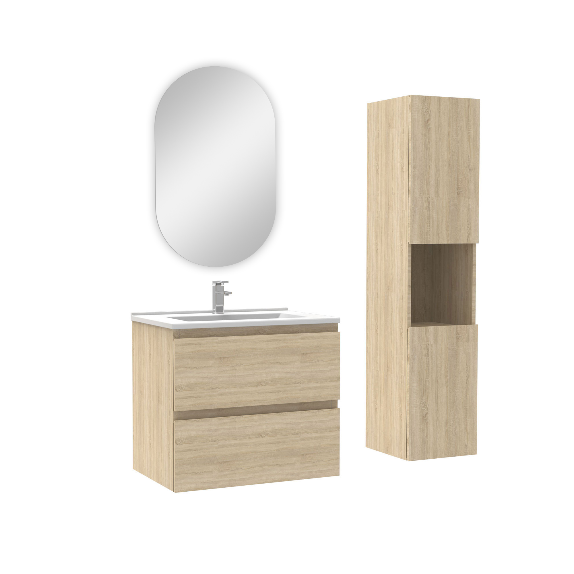 Ensemble meubles simple vasque 60cm,colonne + miroir ovale Chêne Wotan ...